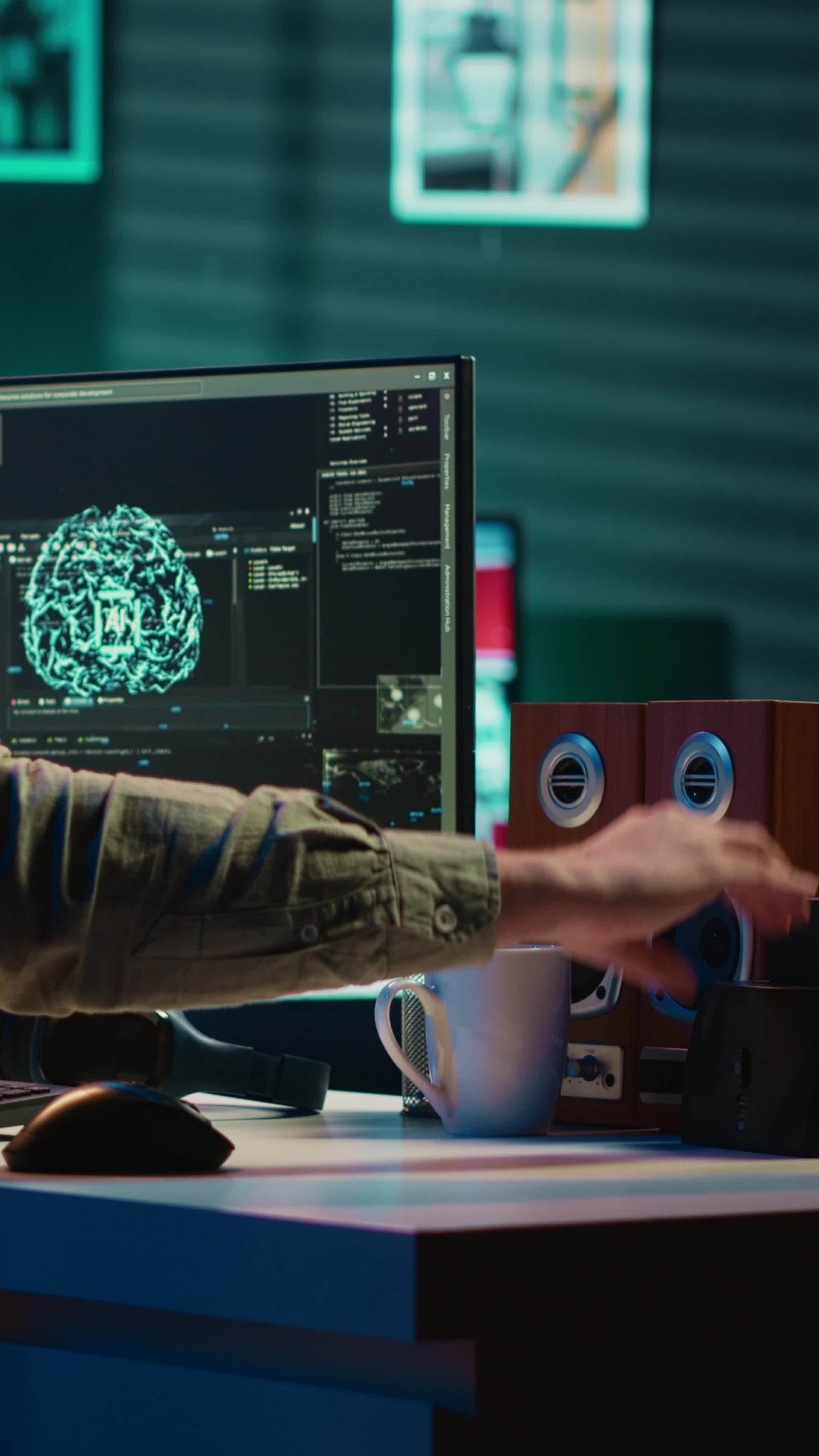 Vertical video Developer inserting disk into PC containing conscient AI waving hand, saluting ...