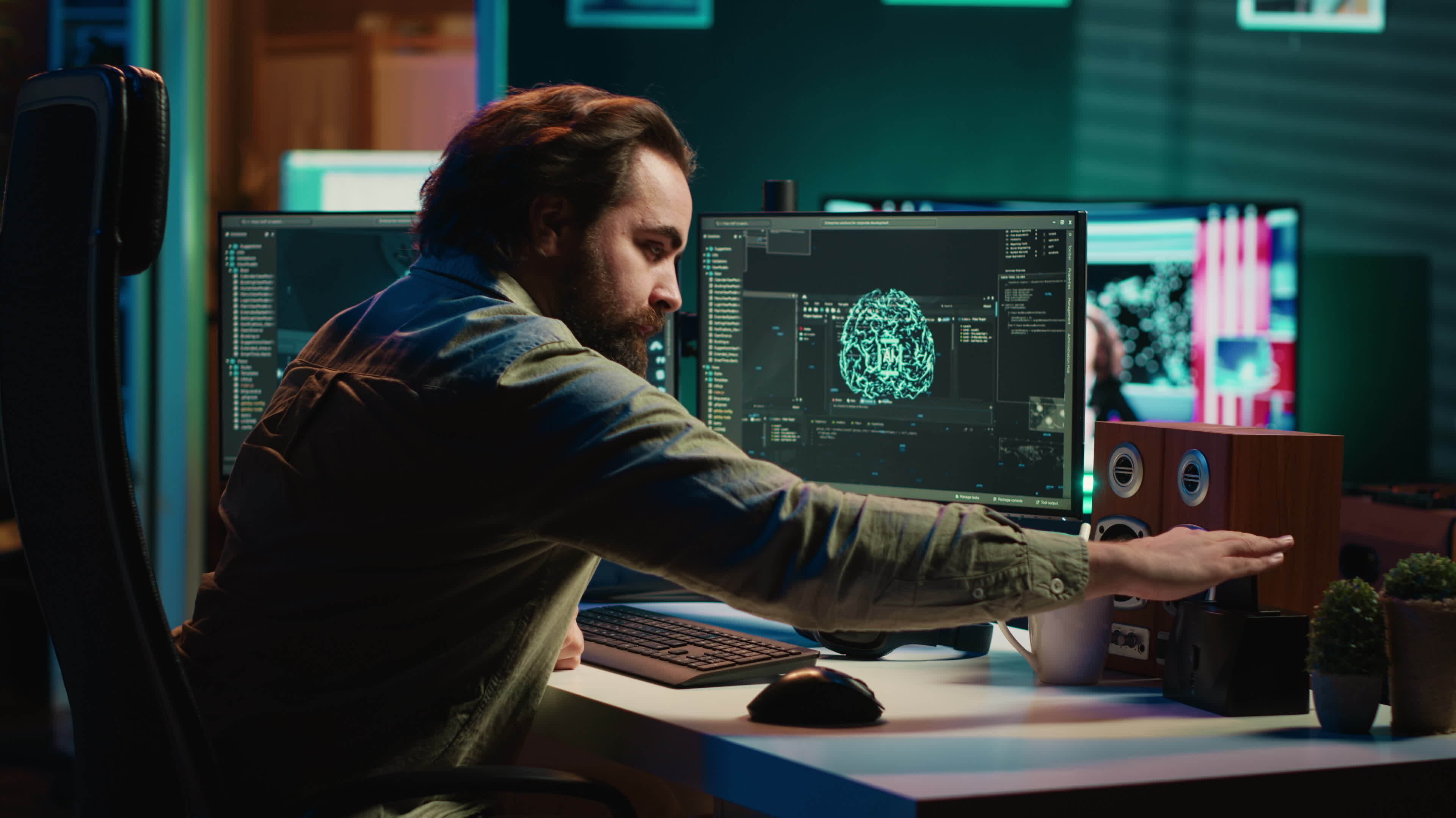 Scientist inserting disk into PC containing software evolving AI into ... Scientist inserting disk into PC containing software evolving AI into ...