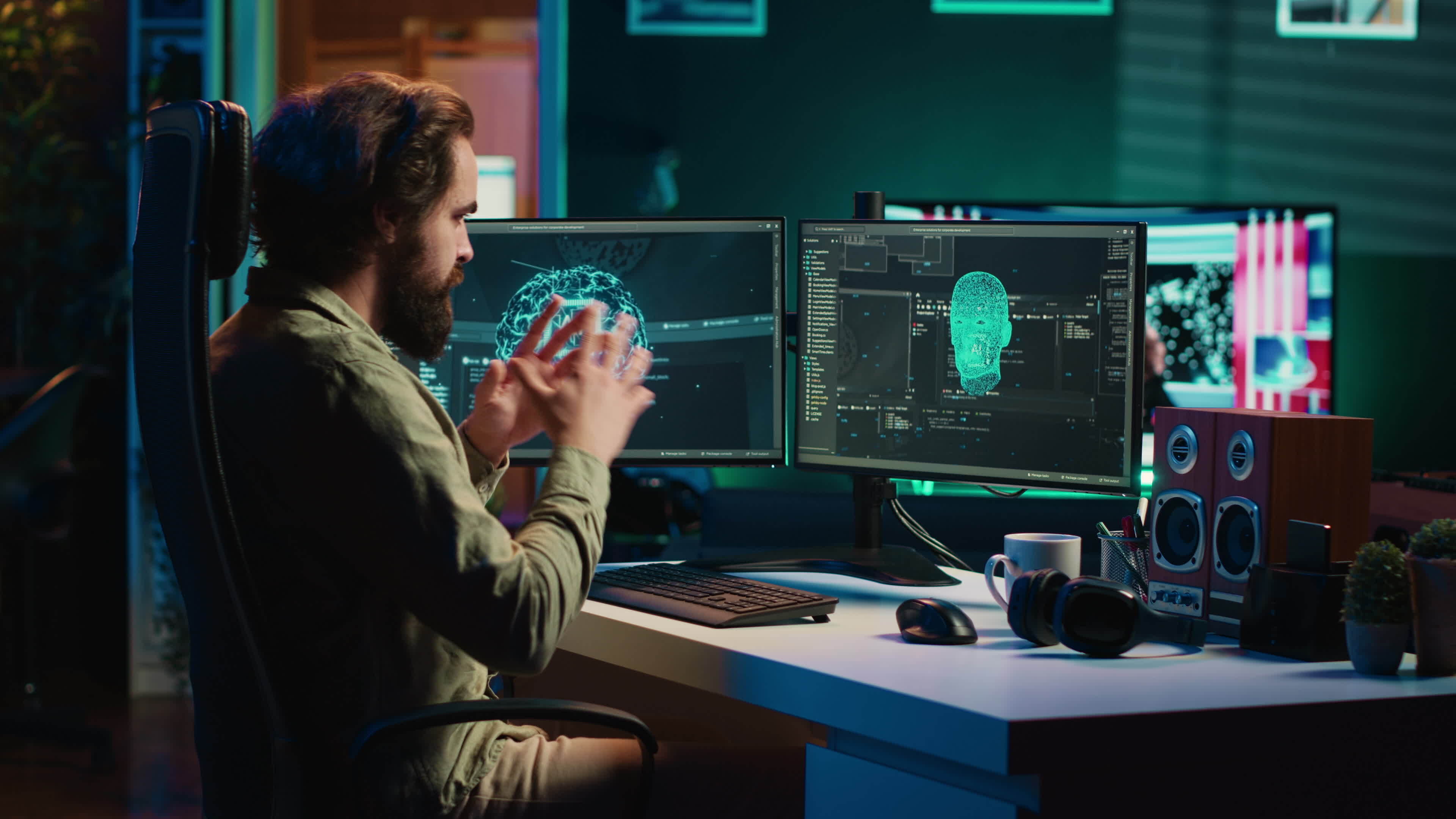 Man programing sentient artificial intelligence with ethical safeguards against turning evil ...