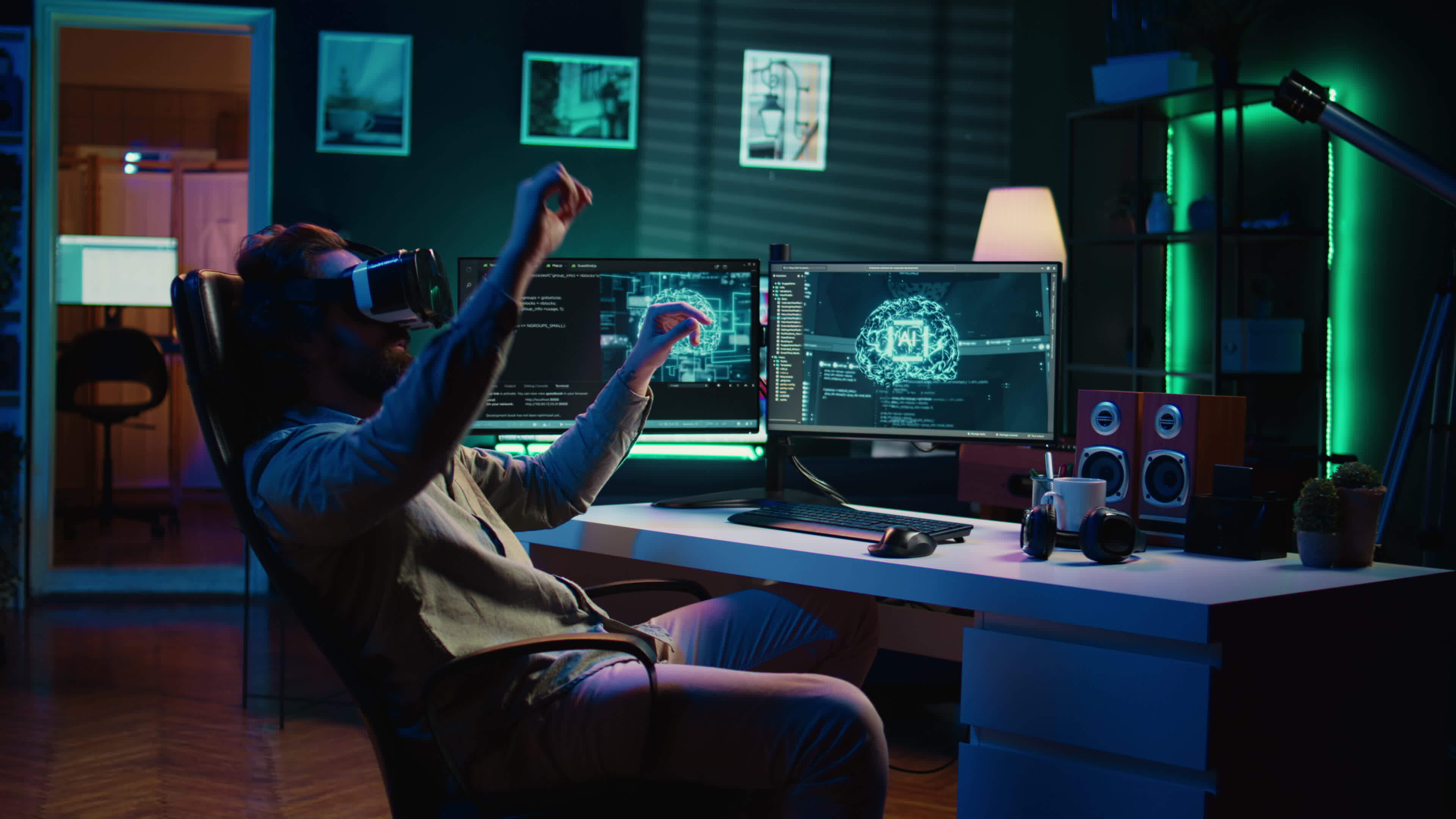 Man Using Vr Headset To Do Programming Job Getting Scared After Ai