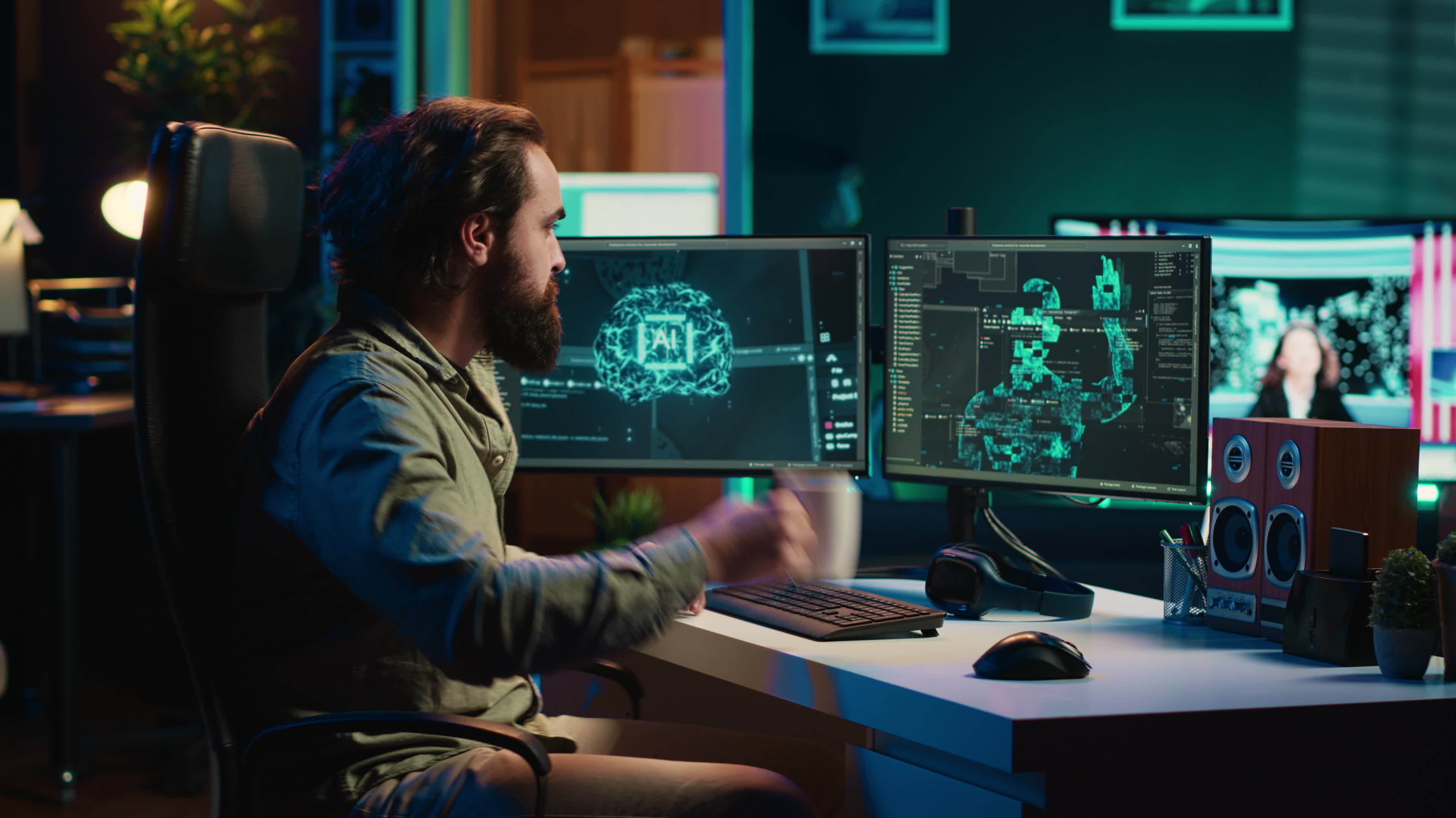 Self aware AGI AI gaining humanoid form inside cyberspace, waving hand ...