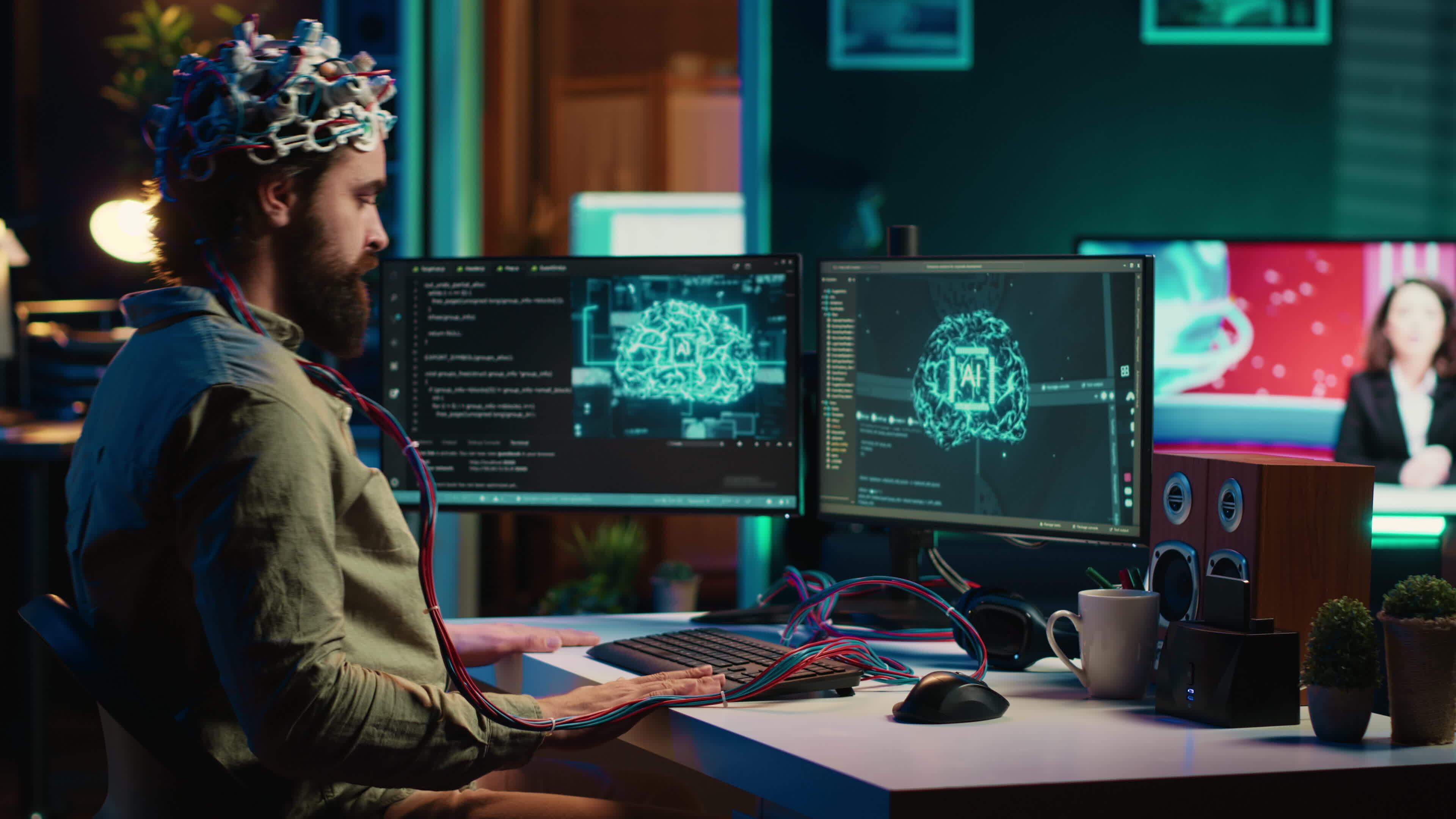 Engineer uploading brain into cyberspace, entering trance, becoming godlike. Transhumanist ...