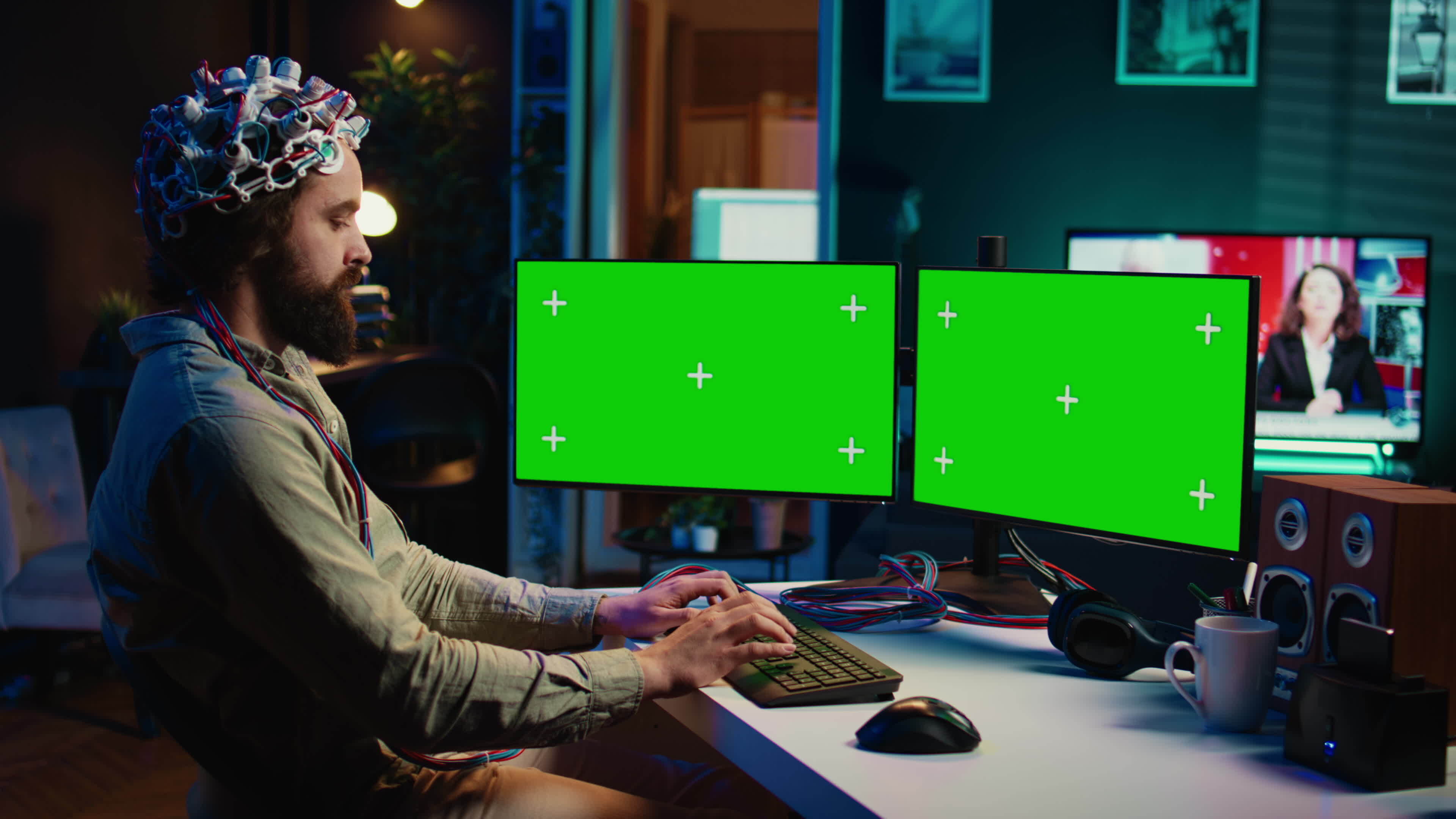Engineer With Eeg Headset On Programming Brain Transfer Into Computer