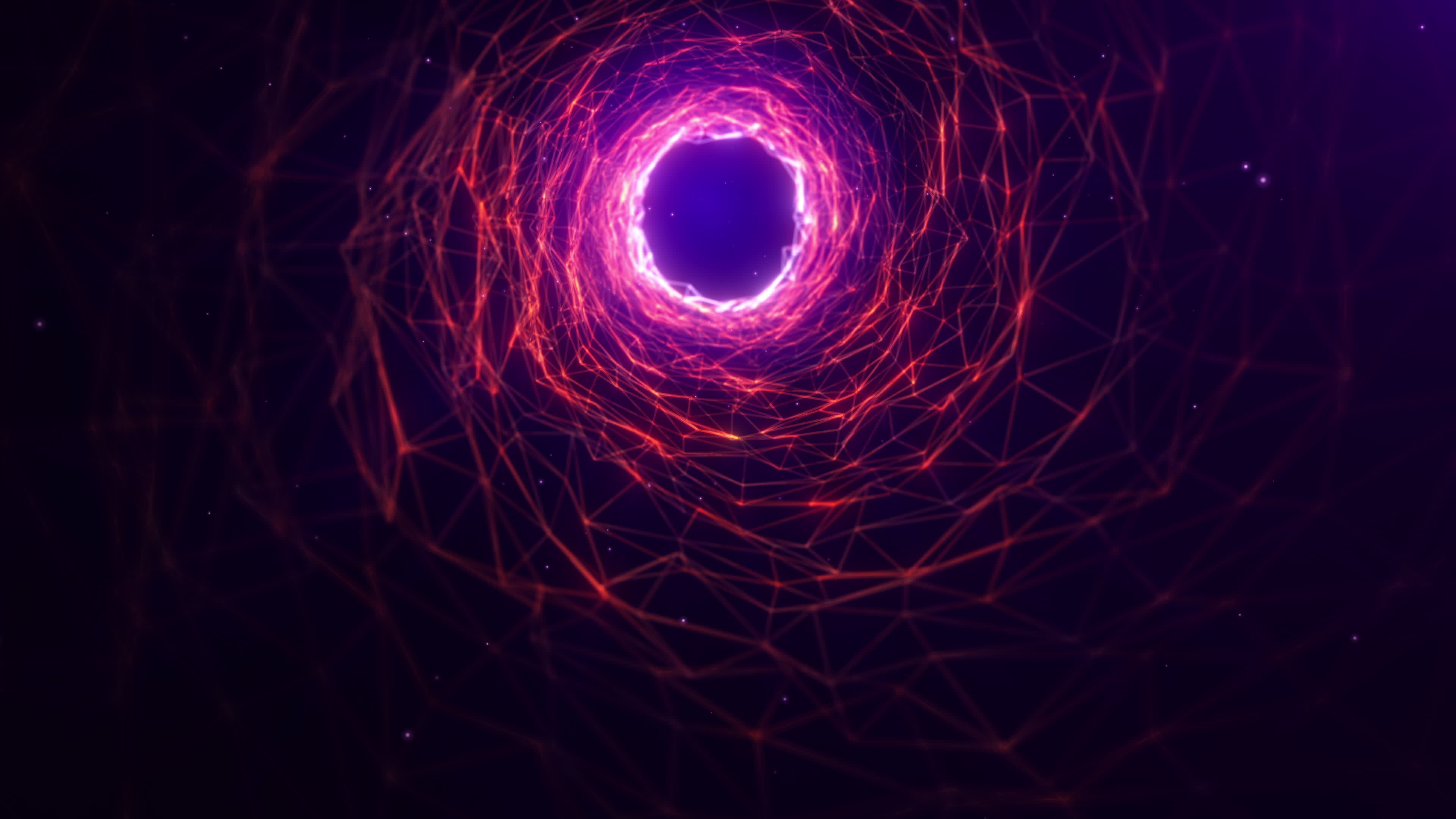 Abstract Digital Space Of A Dynamic Glowing Red Tunnel Of Lines Dots And Particles Flying