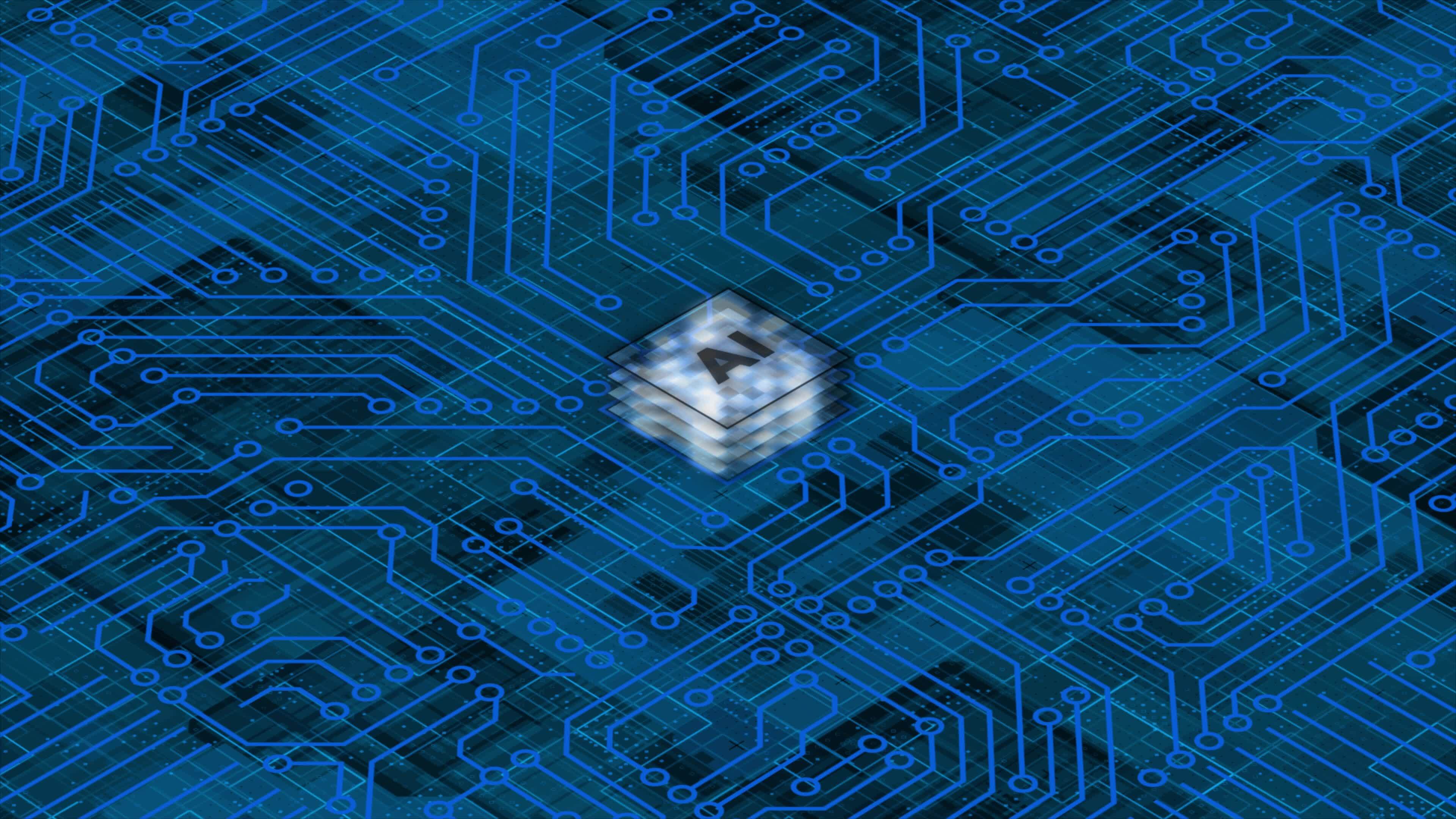 Blue 3d Computer chip with connections and signals. AI Computer processor background.Mother ...