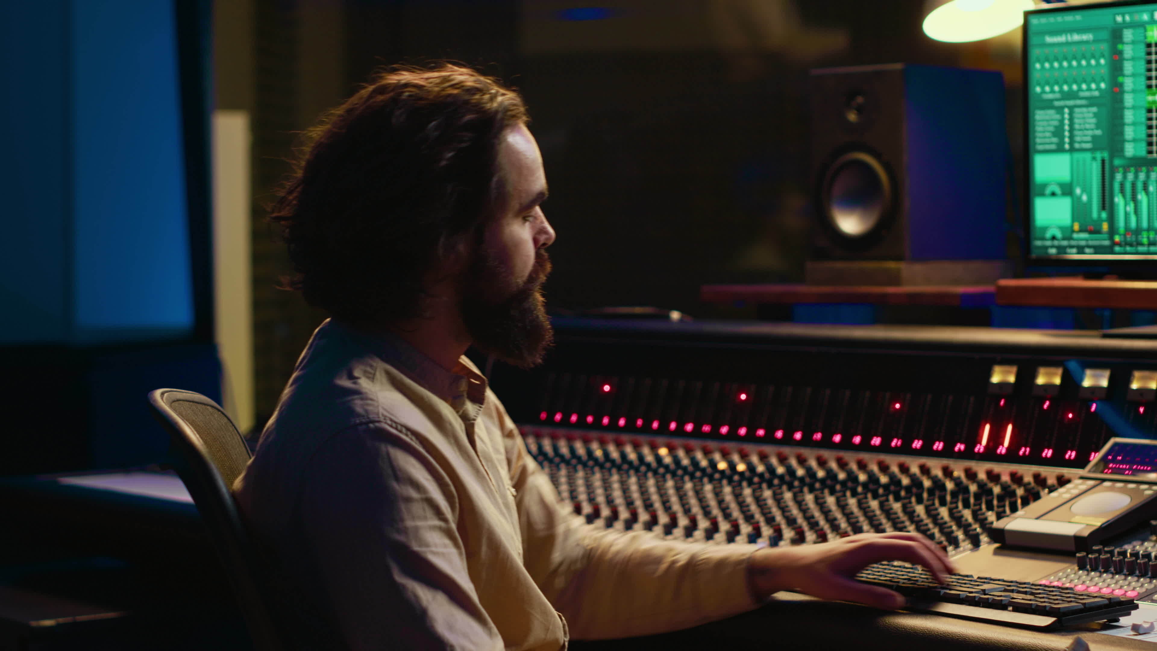 Sound Designer Processing And Mixing Tunes In Control Room Working On