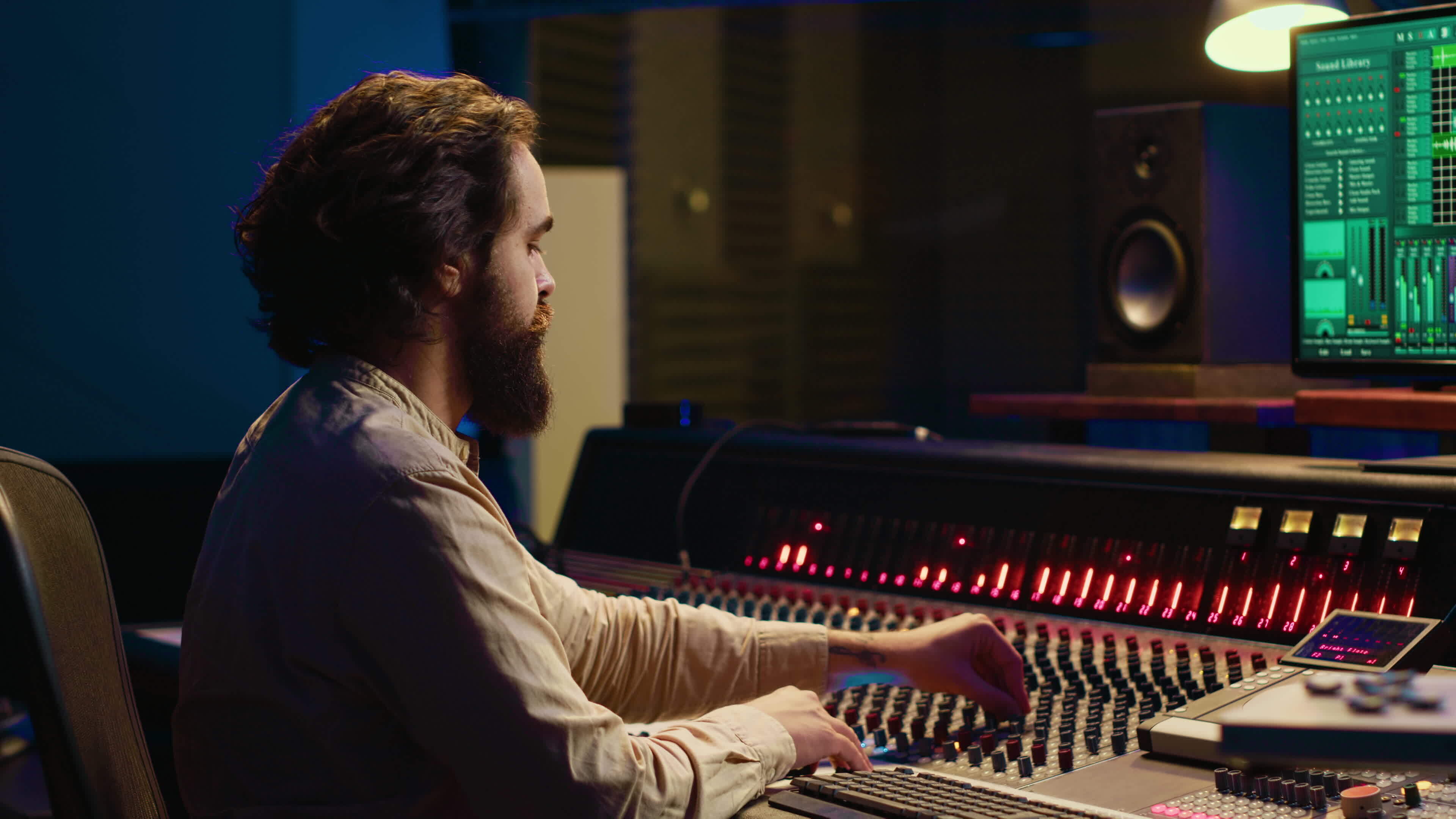 Control Room Sound Engineer Editing Music With Sliders And Knobs