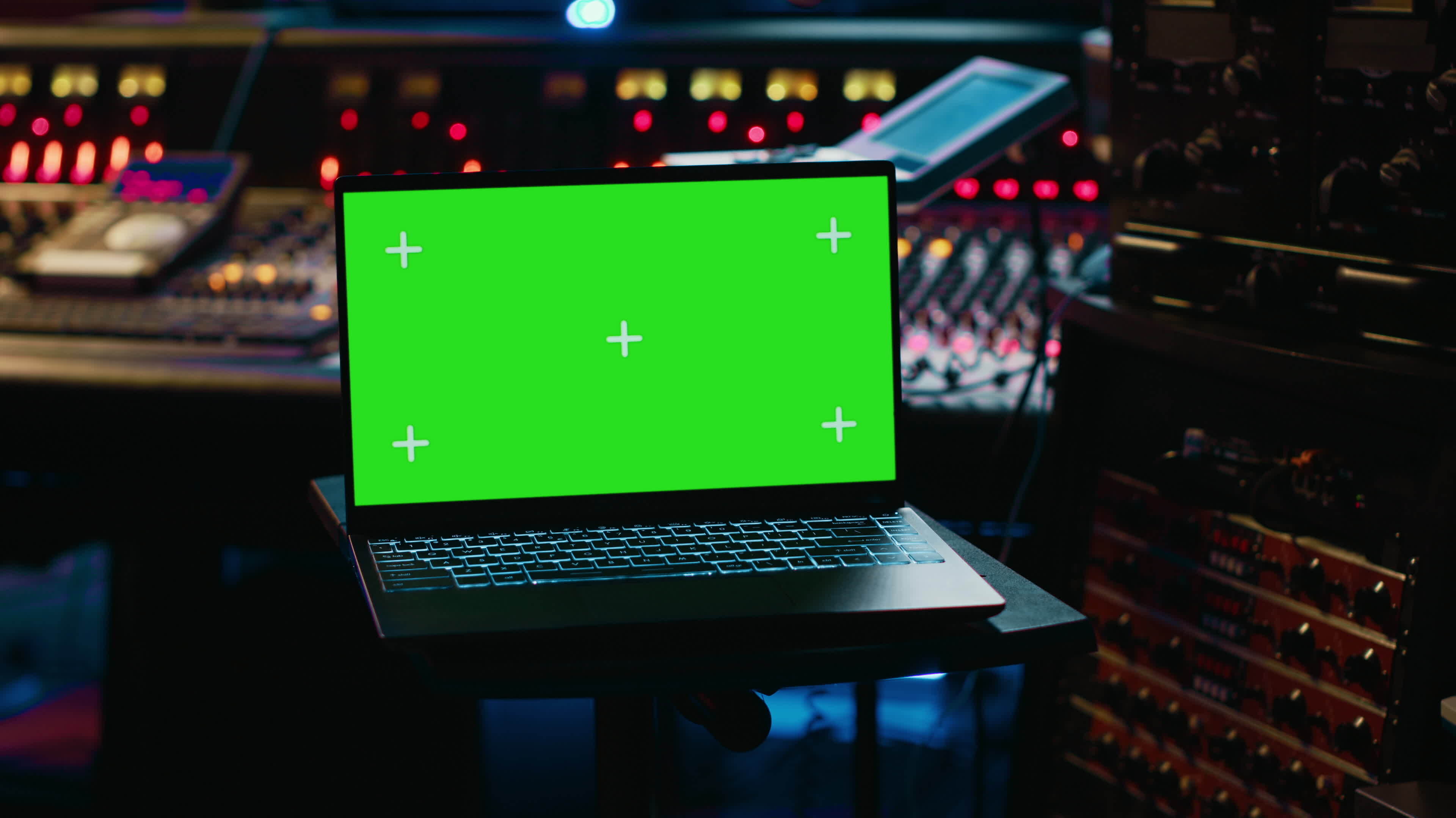 Music Producer Recording Tracks Next To Laptop Showing Mockup Isolated Display Working With