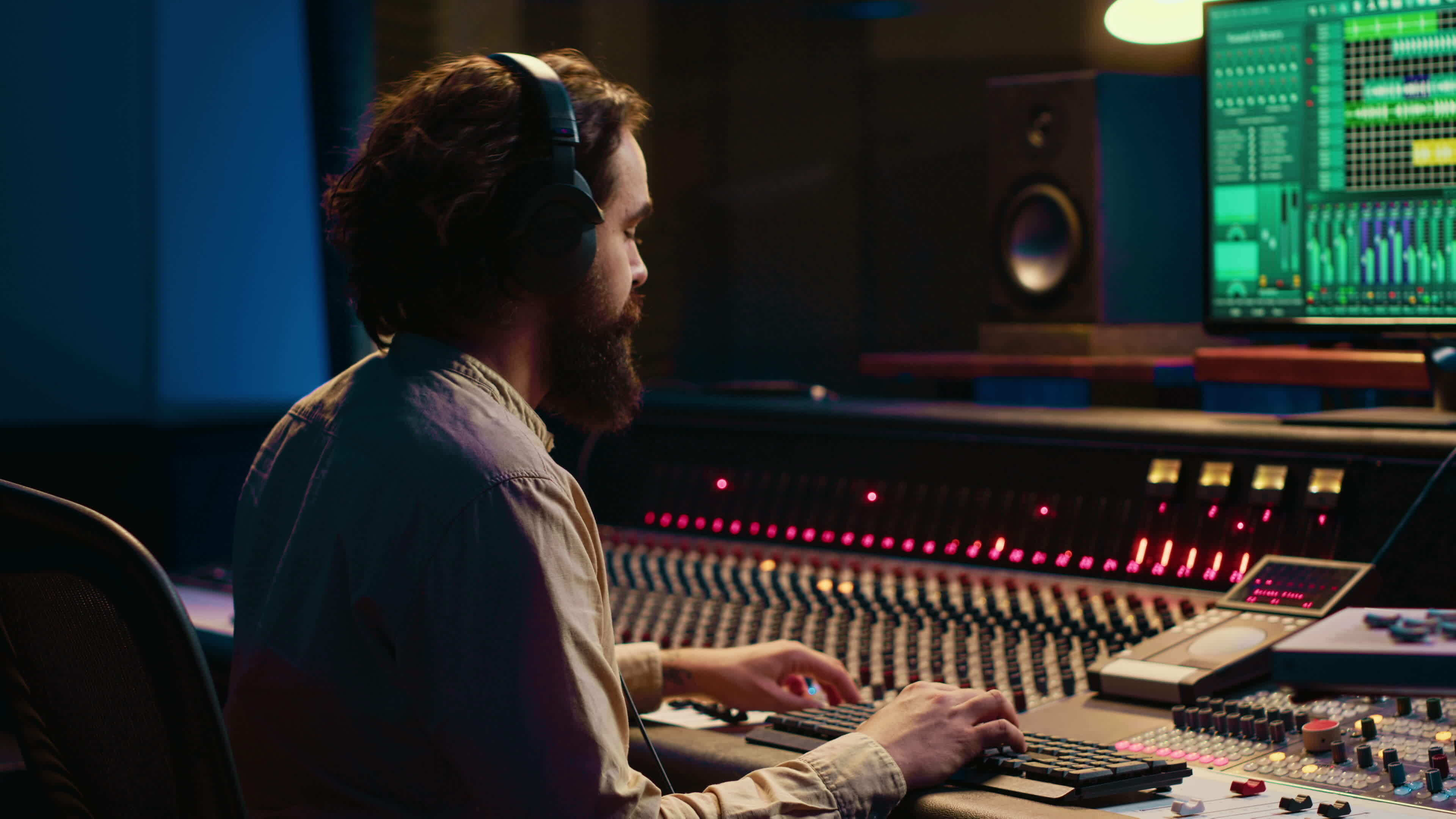 Audio Expert Operating Motorized Faders And Mixing Console In Control