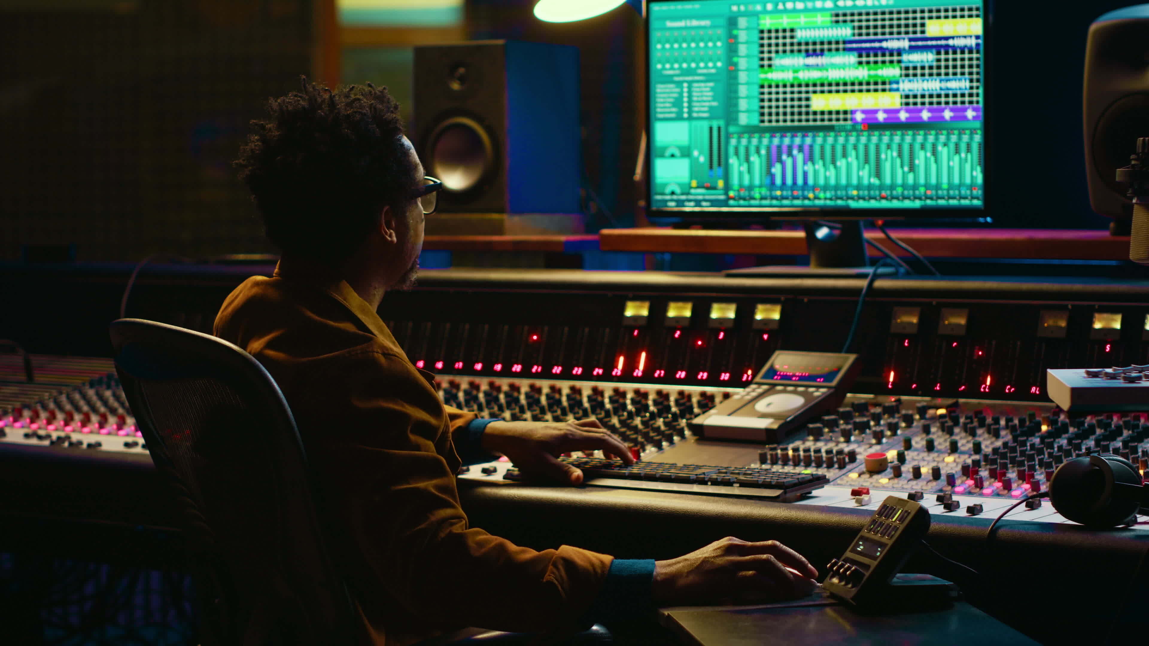 Tracking Engineer Processing And Mixing Sounds In Control Room With