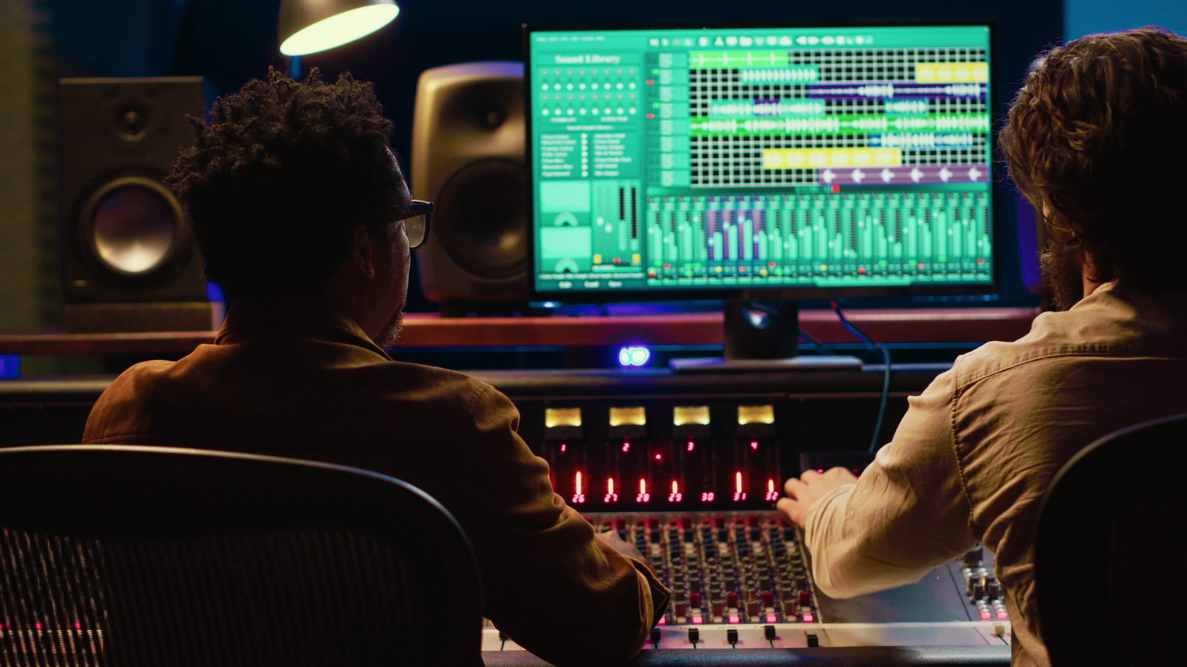 Diverse team collaborating on creating a new hit song in control room ...