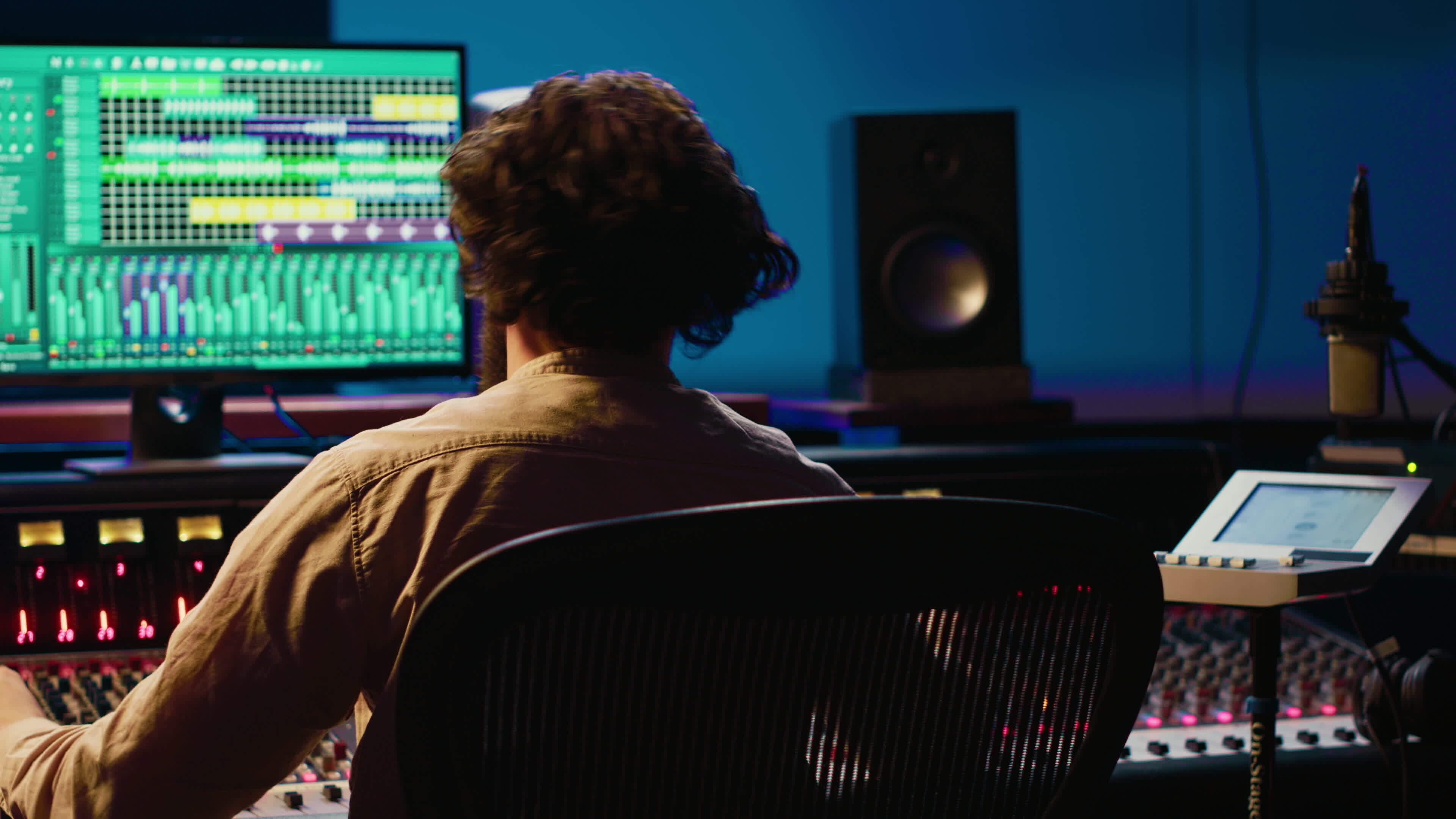 Audio Technician Working In Control Room To Edit And Process Tracks