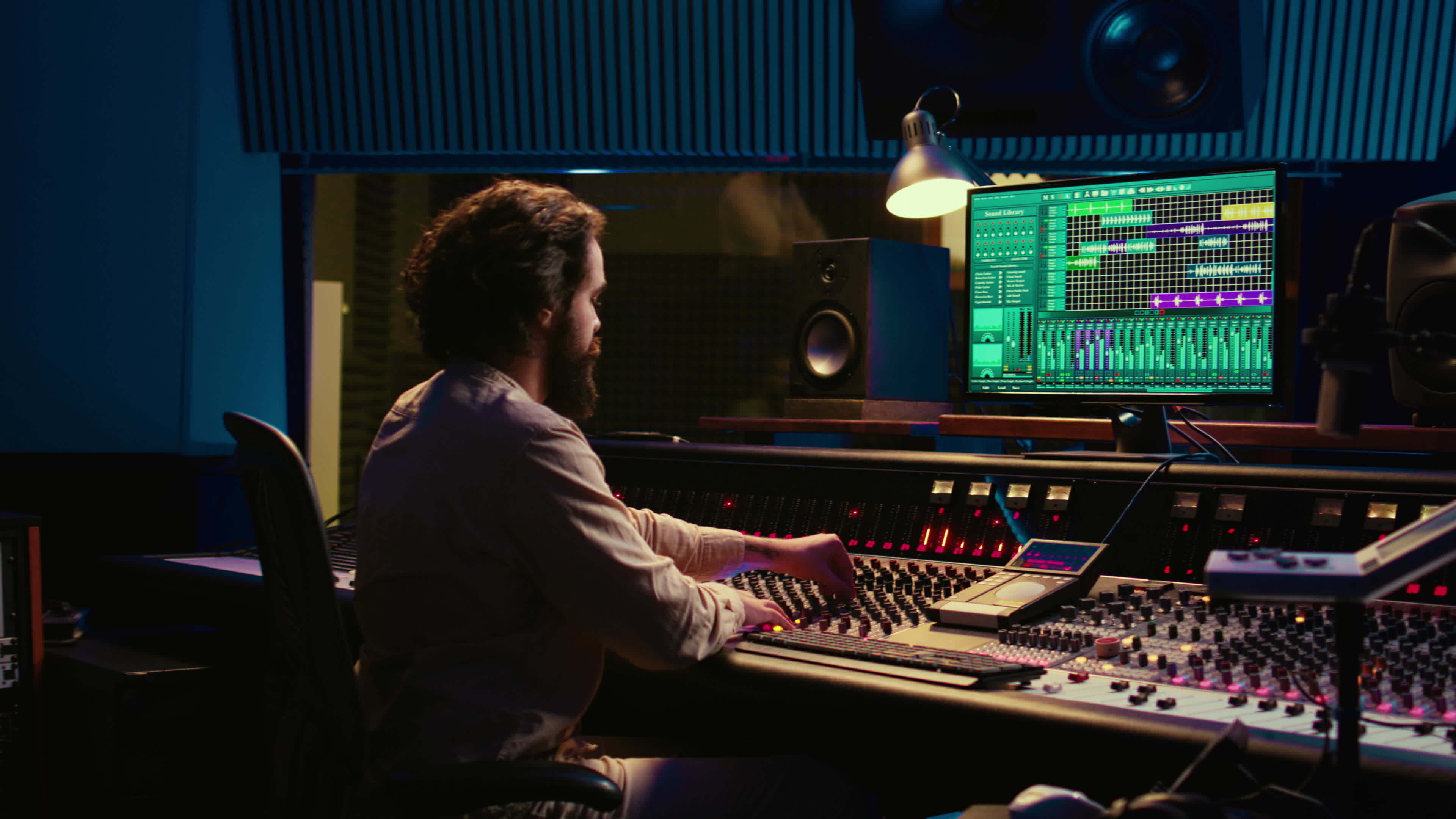 Control Room Sound Engineer Editing Music With Sliders And Knobs