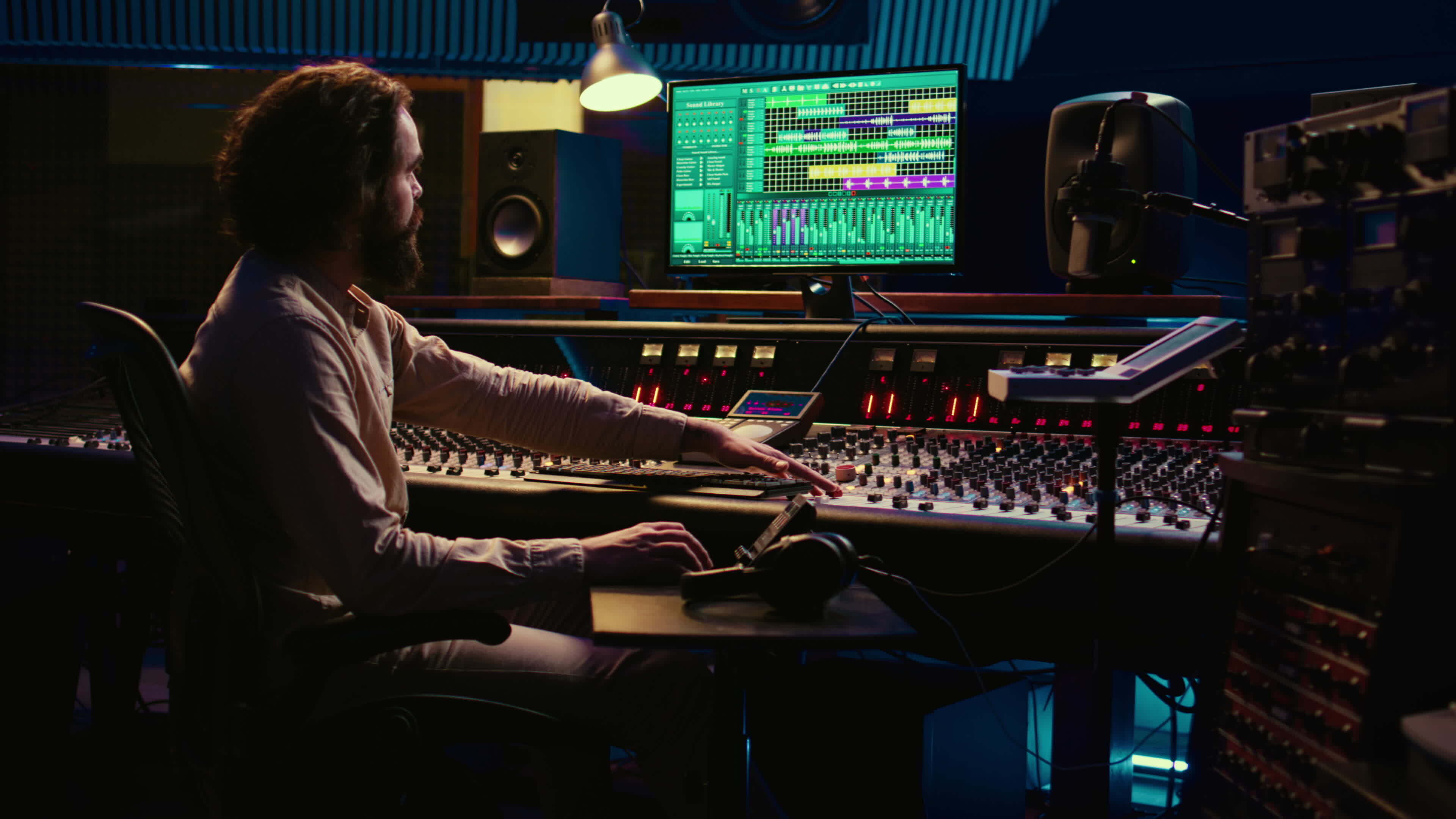 Sound Designer Processing And Mixing Tunes In Control Room Working On