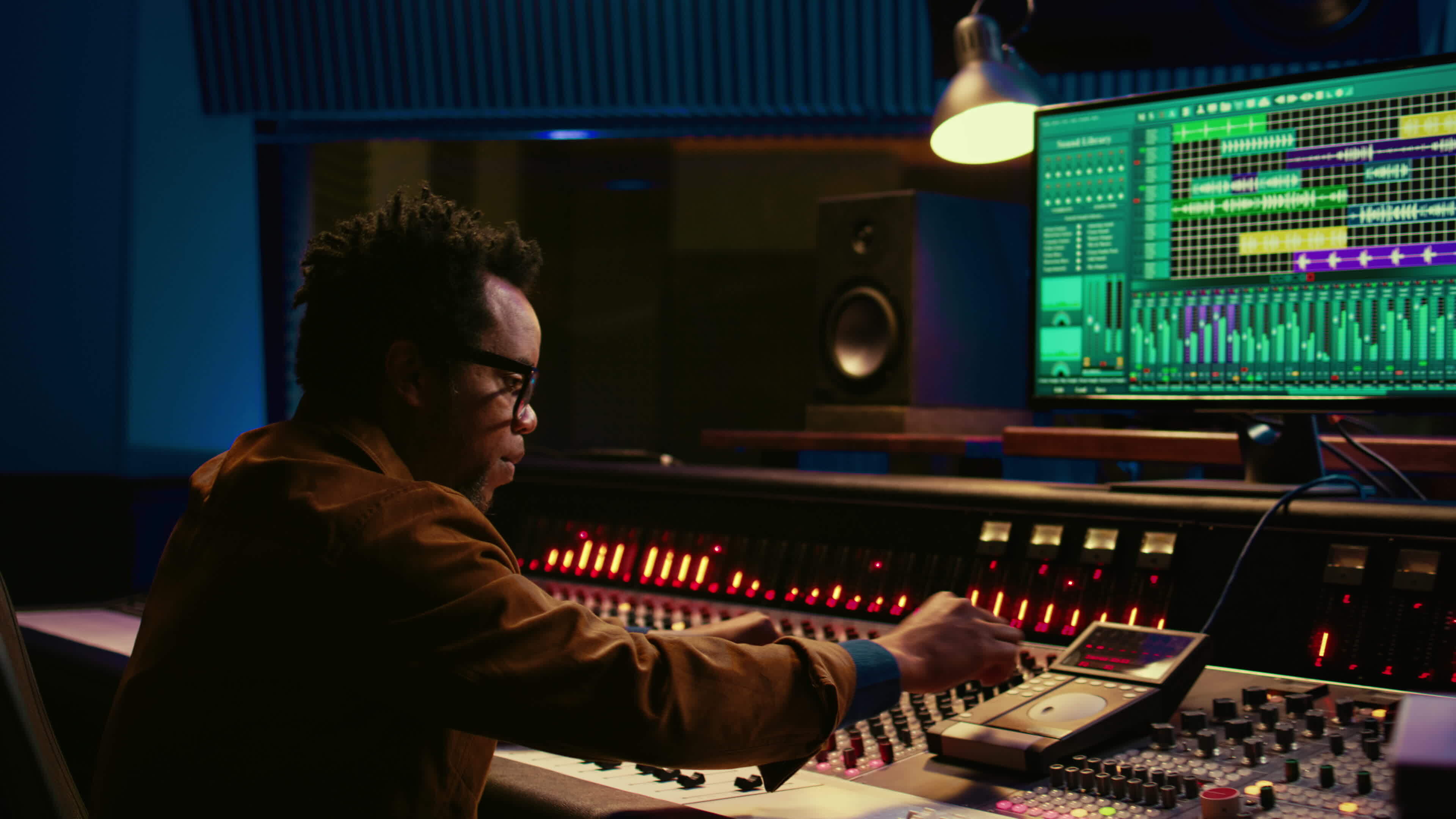 Sound Designer Uses Mixing Console And Managing Audio Tracks Twisting