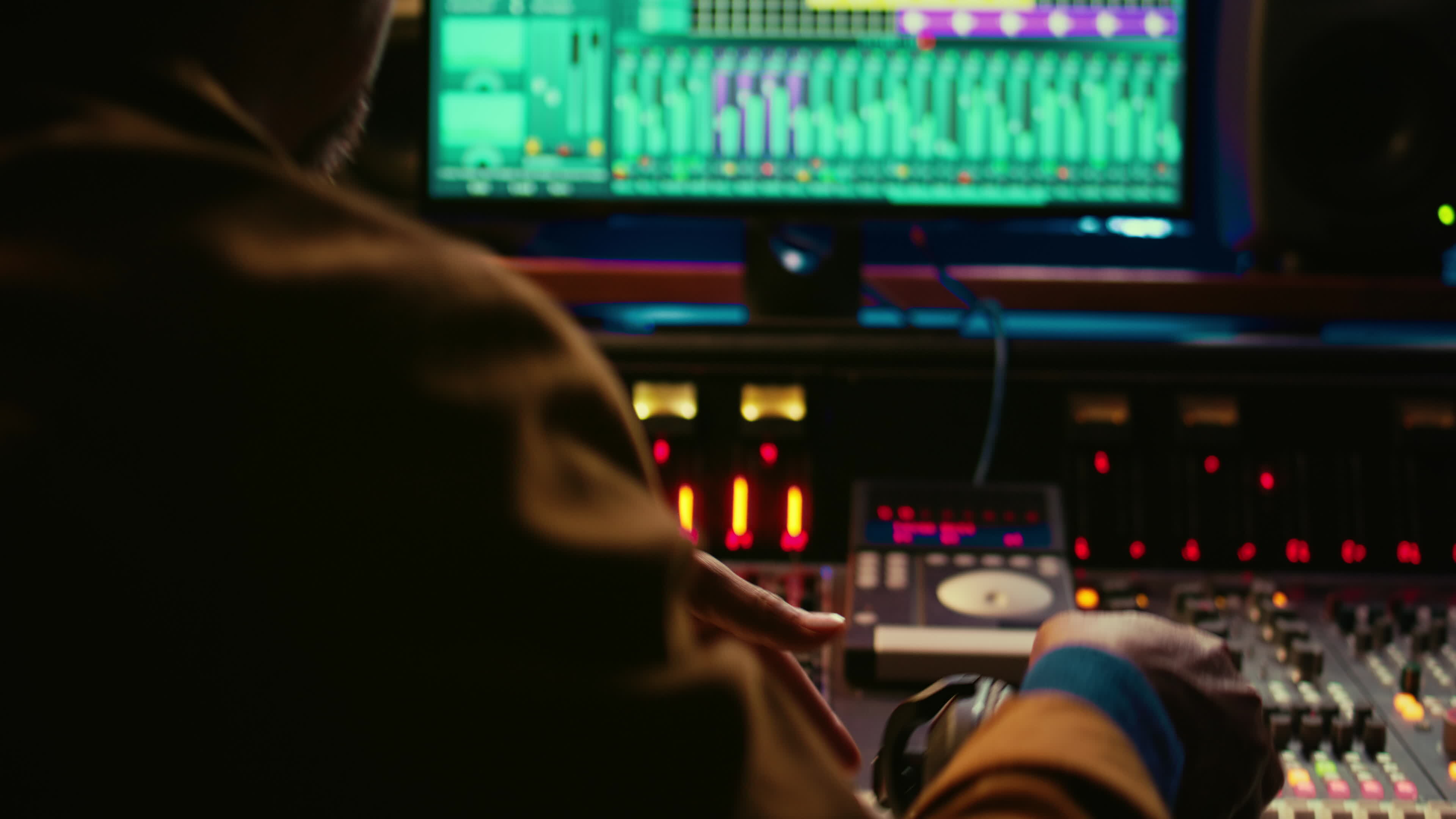 African American Tracking Engineer Processing And Mixing Sounds In