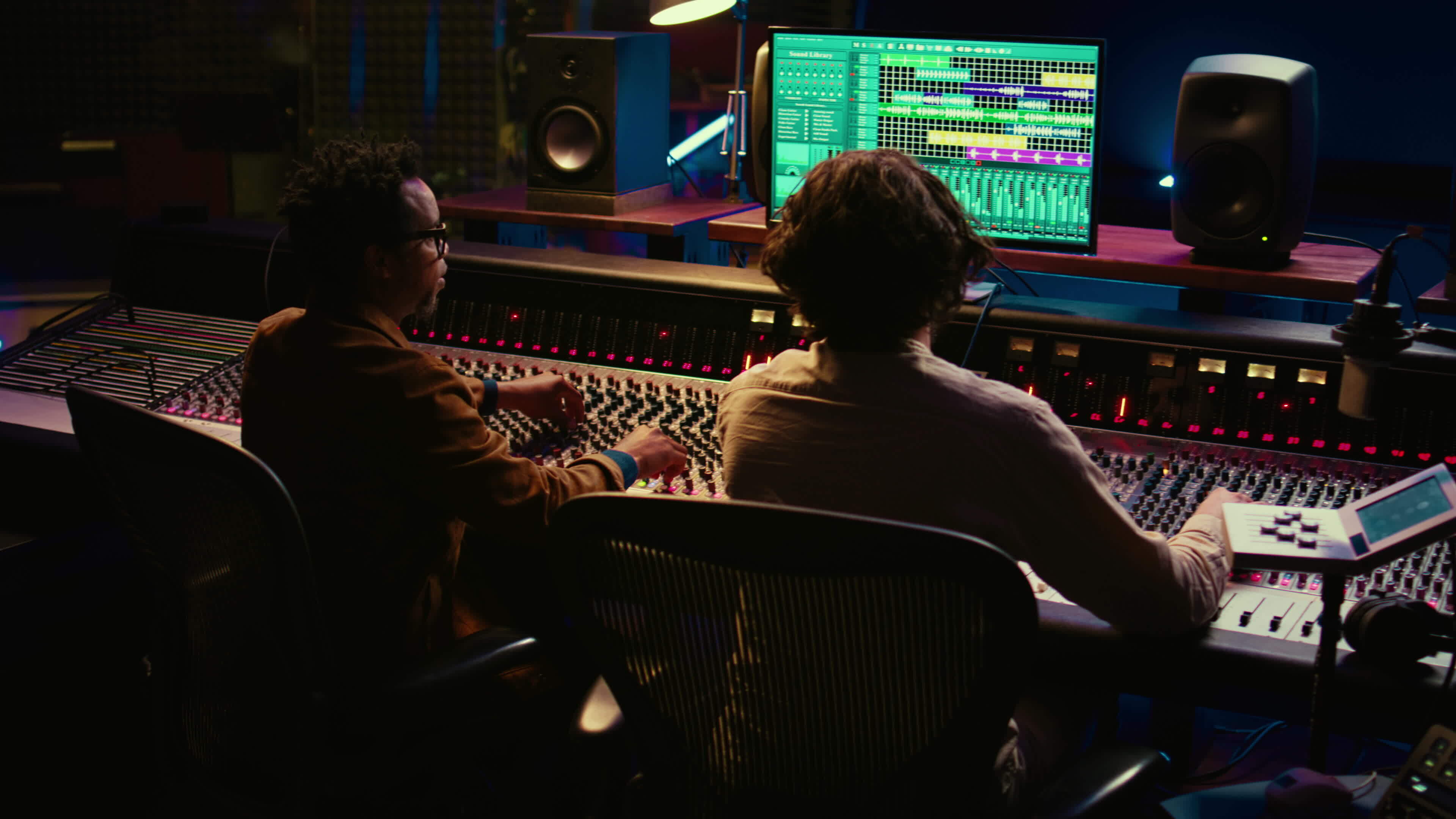 Diverse team collaborating on creating a new hit song in control room ...