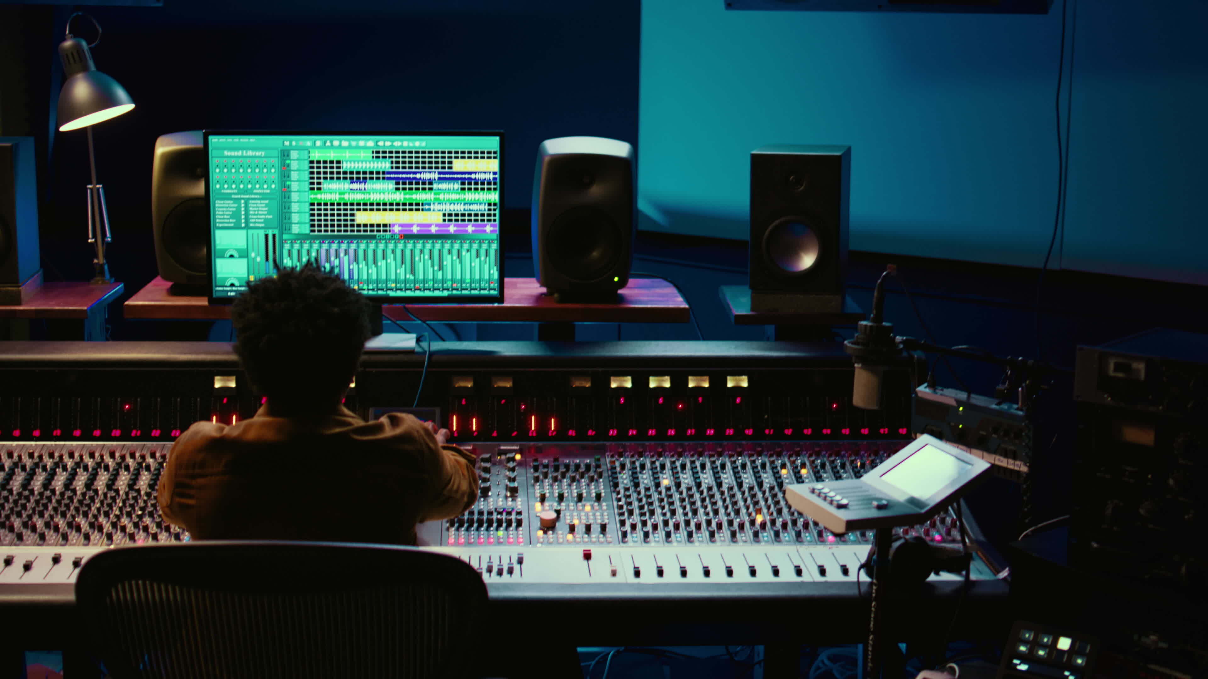 African American Sound Designer Editing Audio Recordings In Control