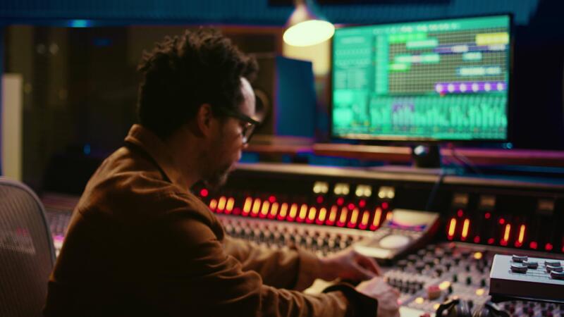 Singer performer creating a song on piano midi controller in studio ...