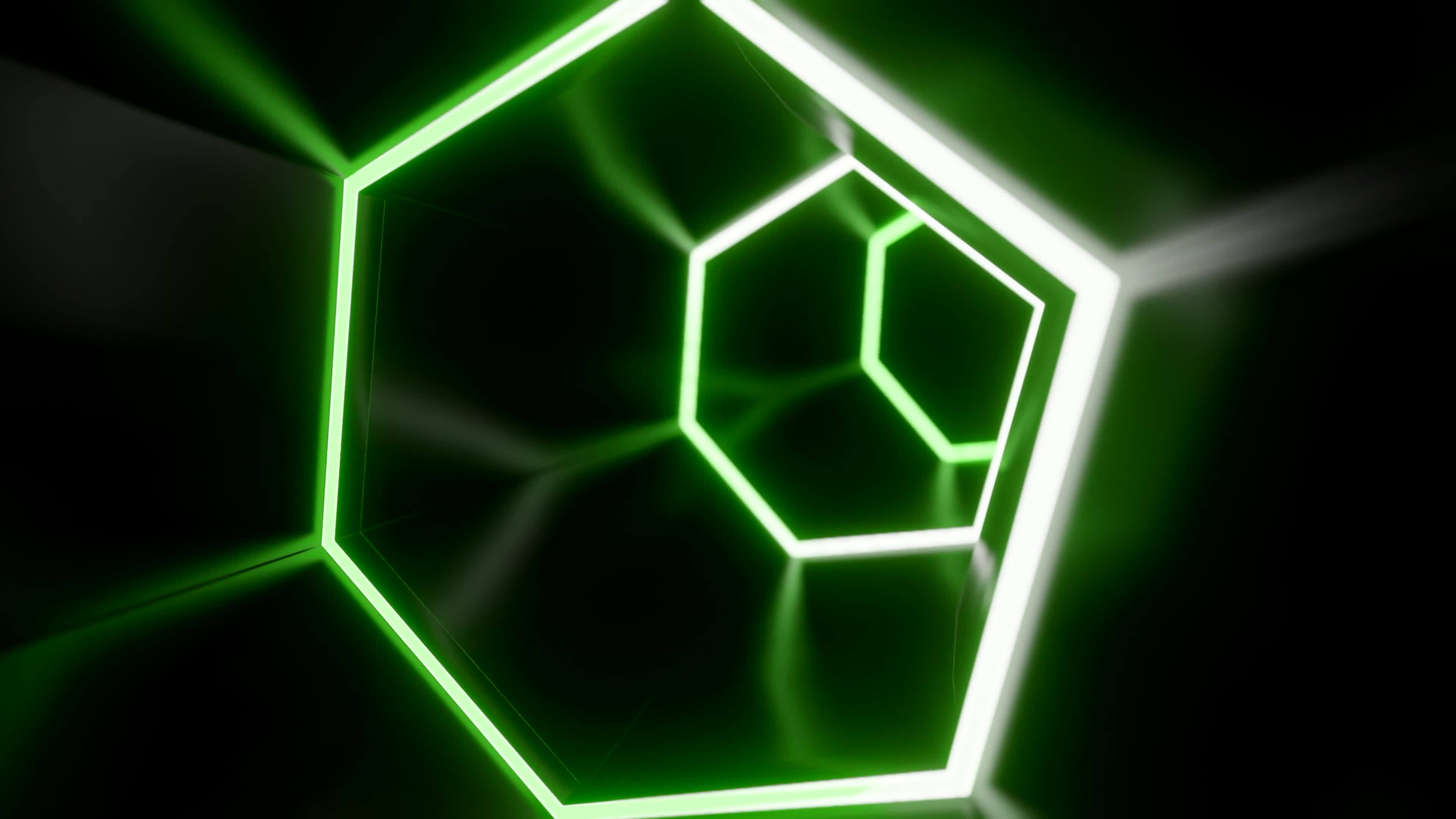Animation in moving tunnel with hexagonal glowing lines. Design. Movement in rotating cyber ...