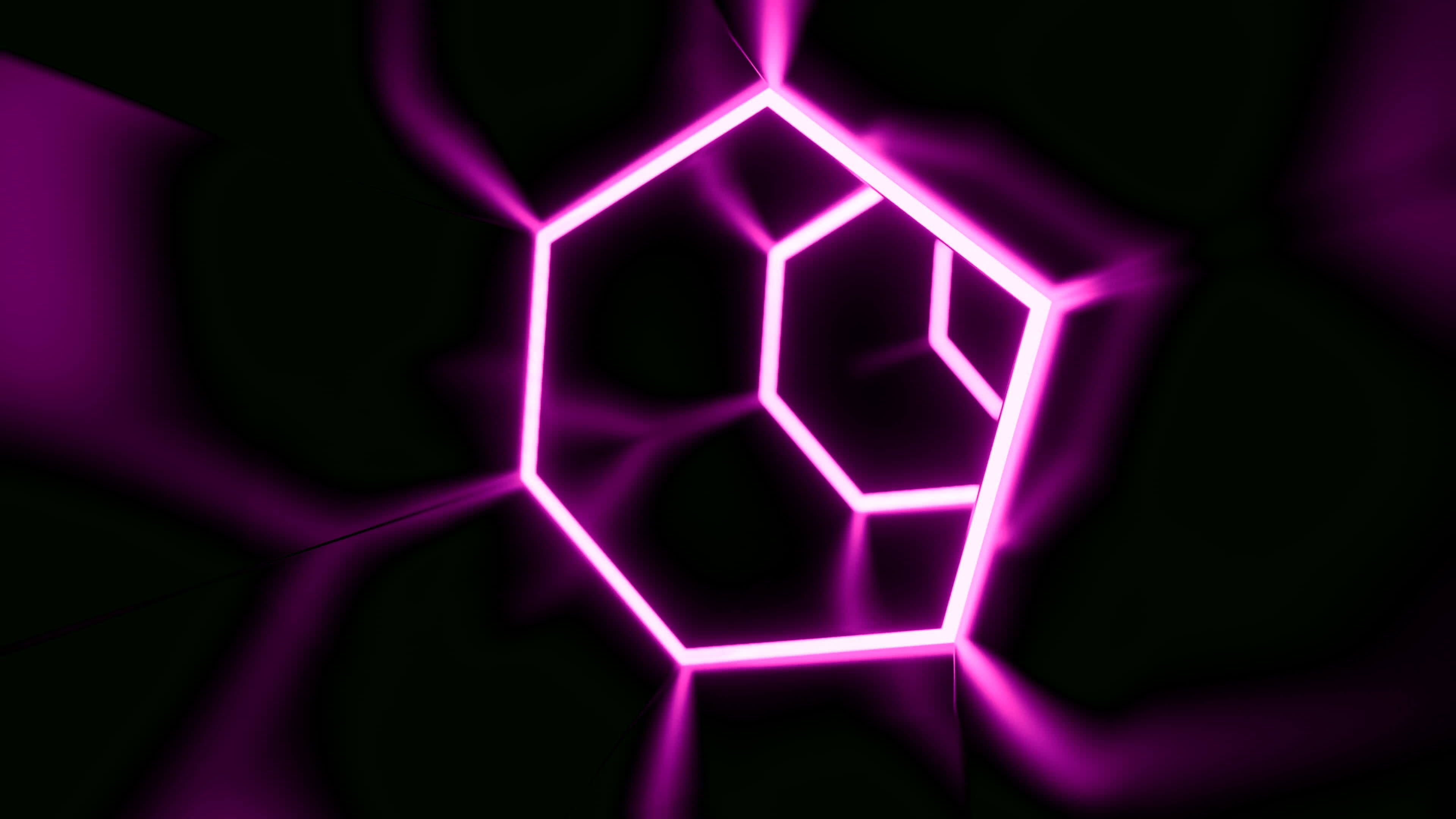 Rotating cyber tunnel with neon hexagonal lines. Design. Moving dark tunnel with reflection of ...