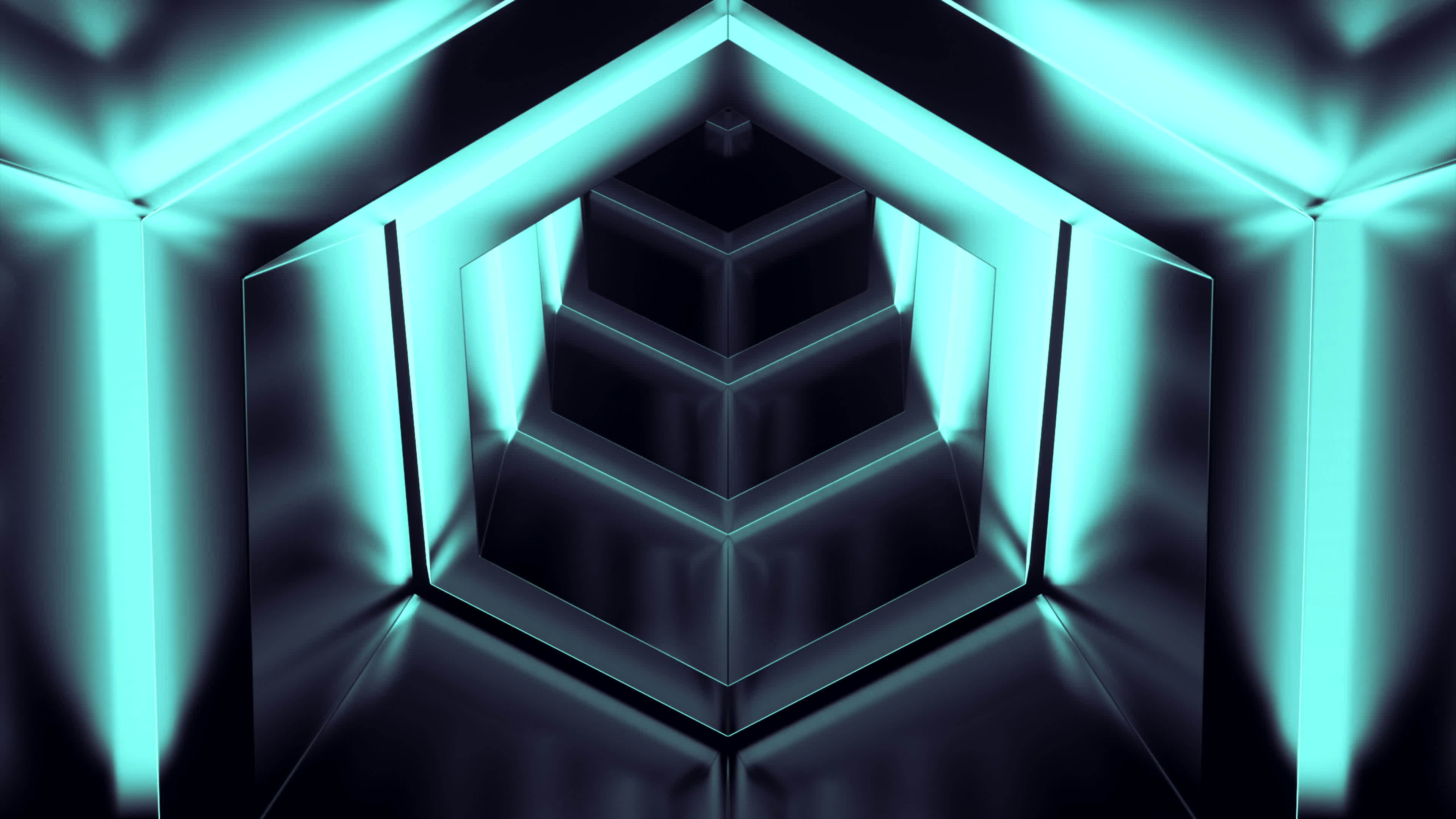 Exiting cyber tunnel. Design. Hexagonal 3D tunnel with neon lines and metal surface. Reverse ...