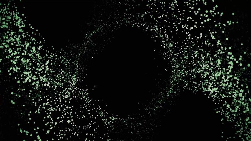 Abstract, green glitter swirl of particles formed in big circle. Space star dust flying and ...