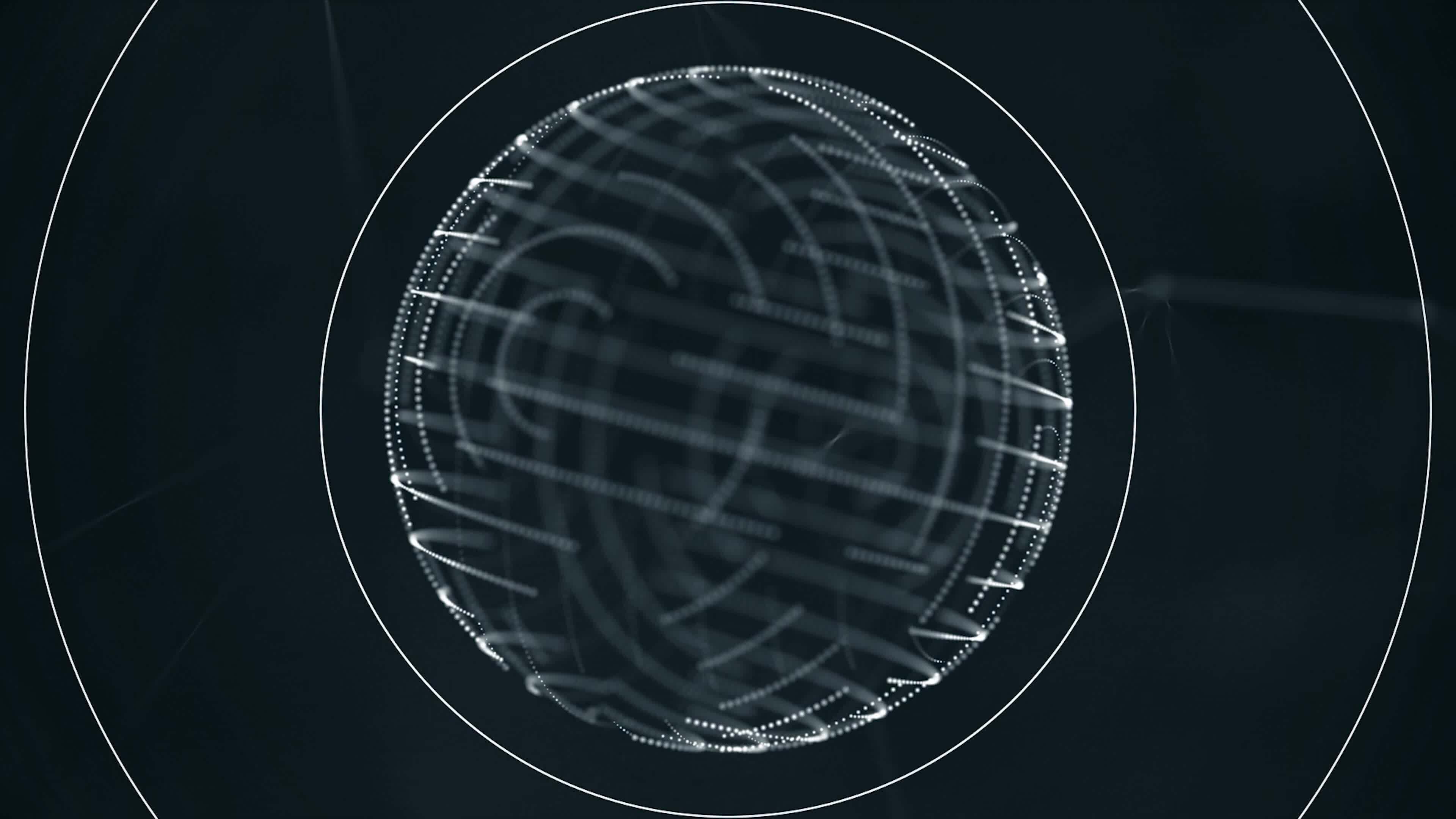 Digital, grey transparent sphere with small moving dots on its surface ...