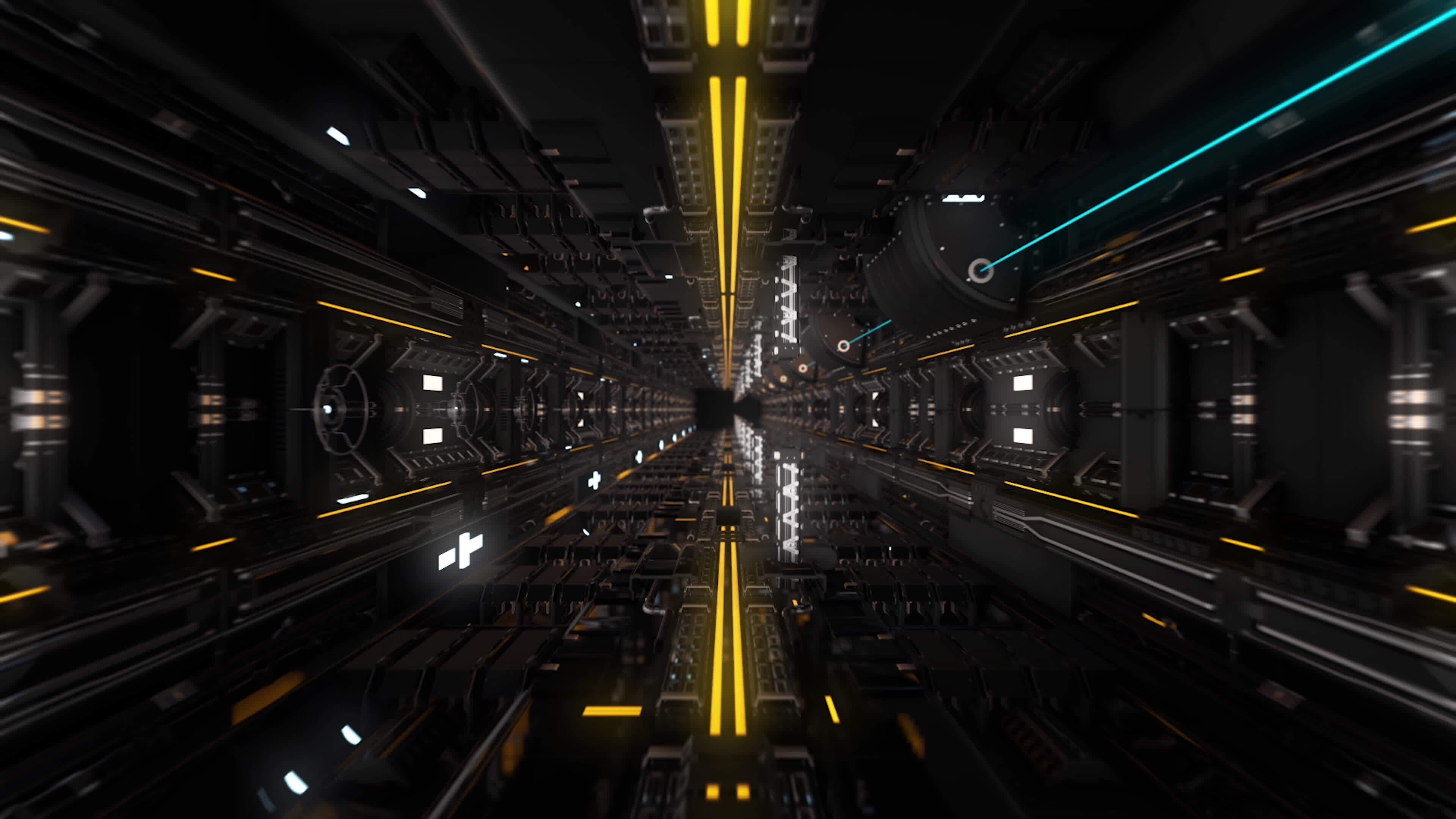 Flying through the digital futuristic dark tunnel, seamless loop. Animation. View inside of a ...
