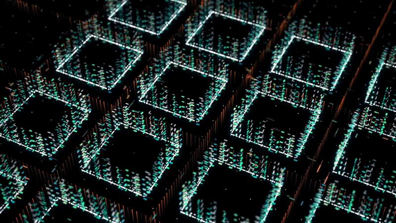 Abstract square shaped figures placed in rows on black background ...