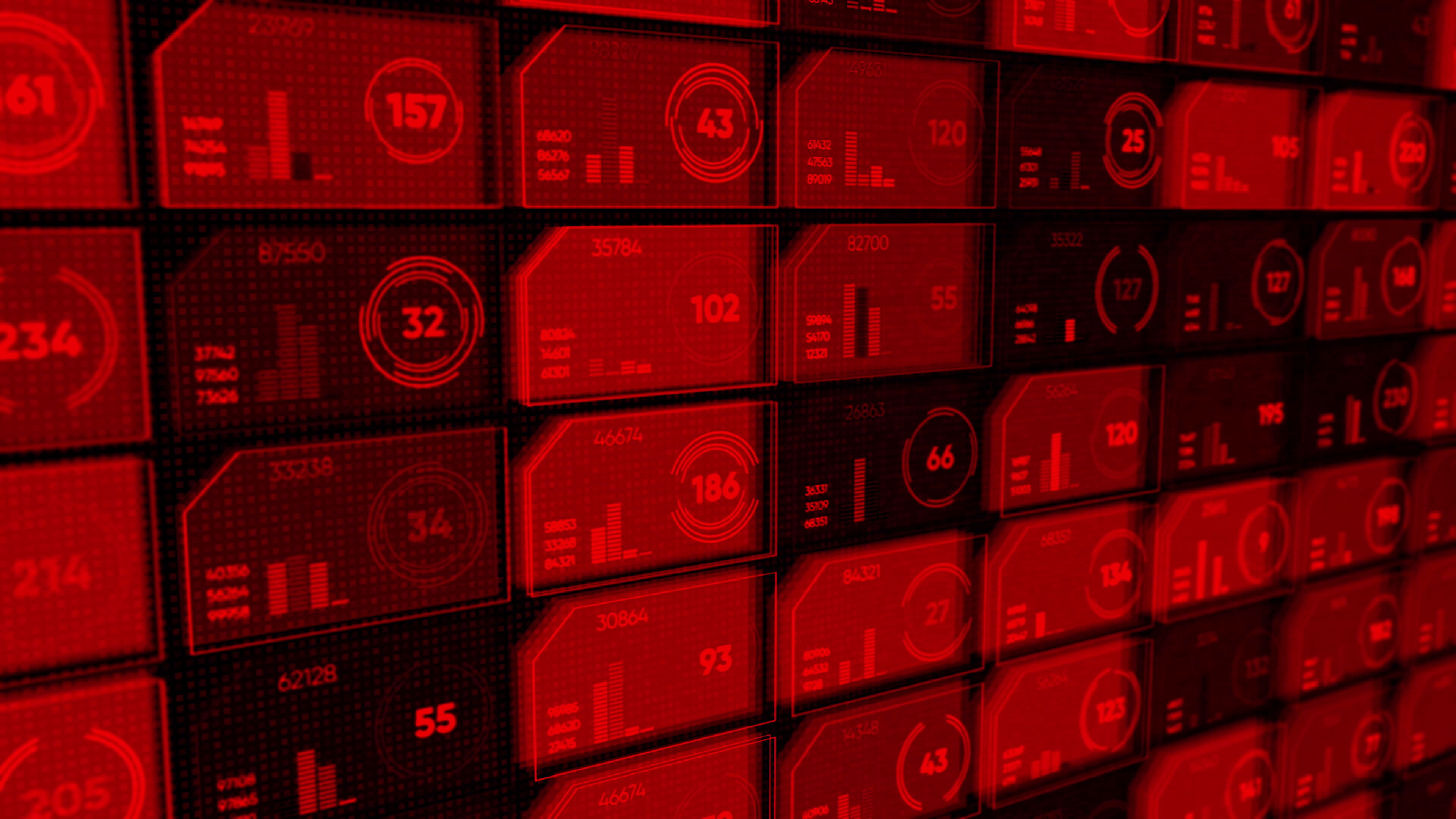 Abstract Red Rows Of Small Cells With Different Numbers Flowing Down Slowly On Black Background 9970