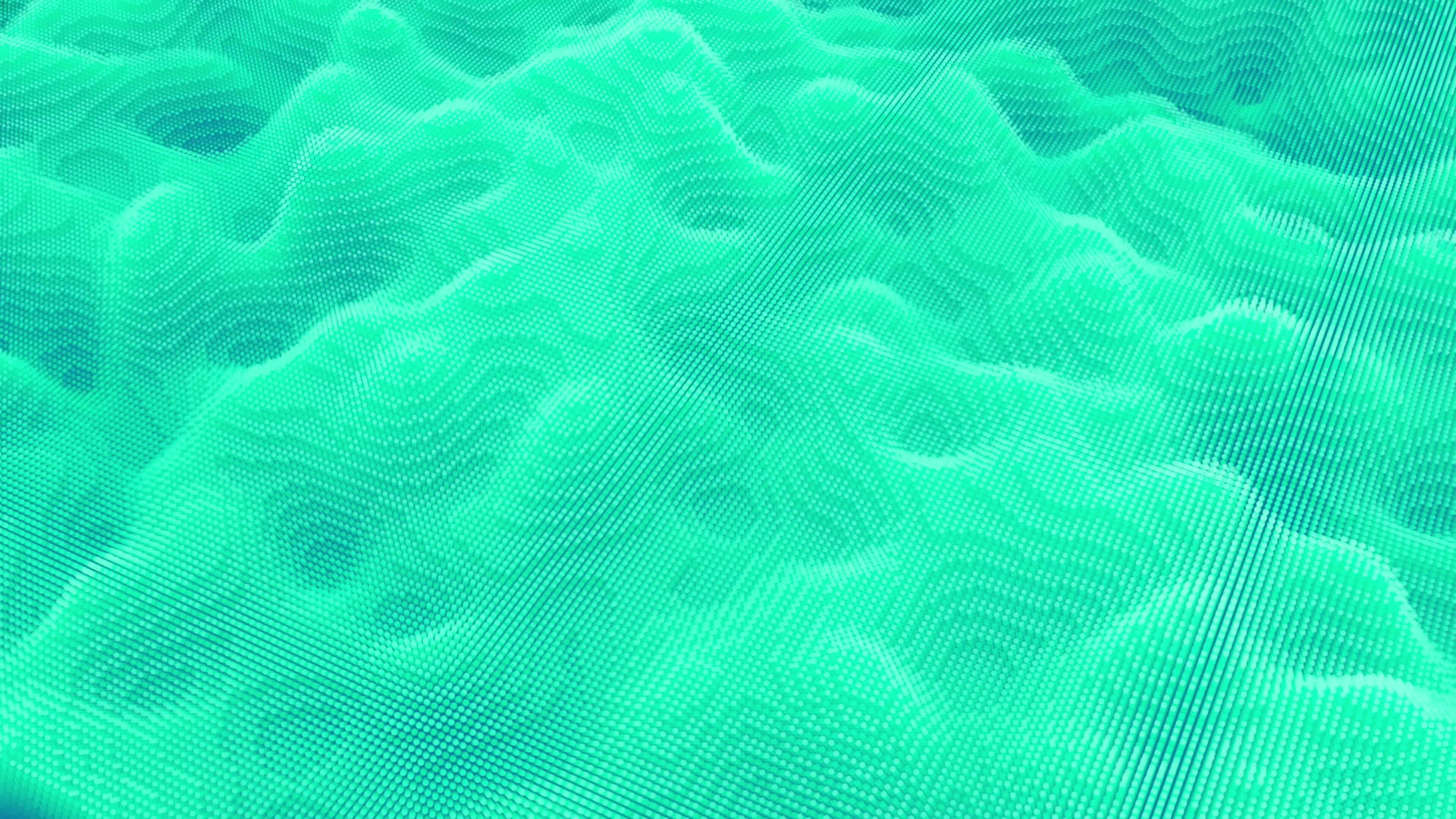 Abstract turquoise motion of waving dots texture with glowing defocused particles. Animation ...