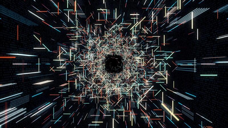 Abstract futuristic tunnel formed by flying narrow colorful lines on black background, seamless ...