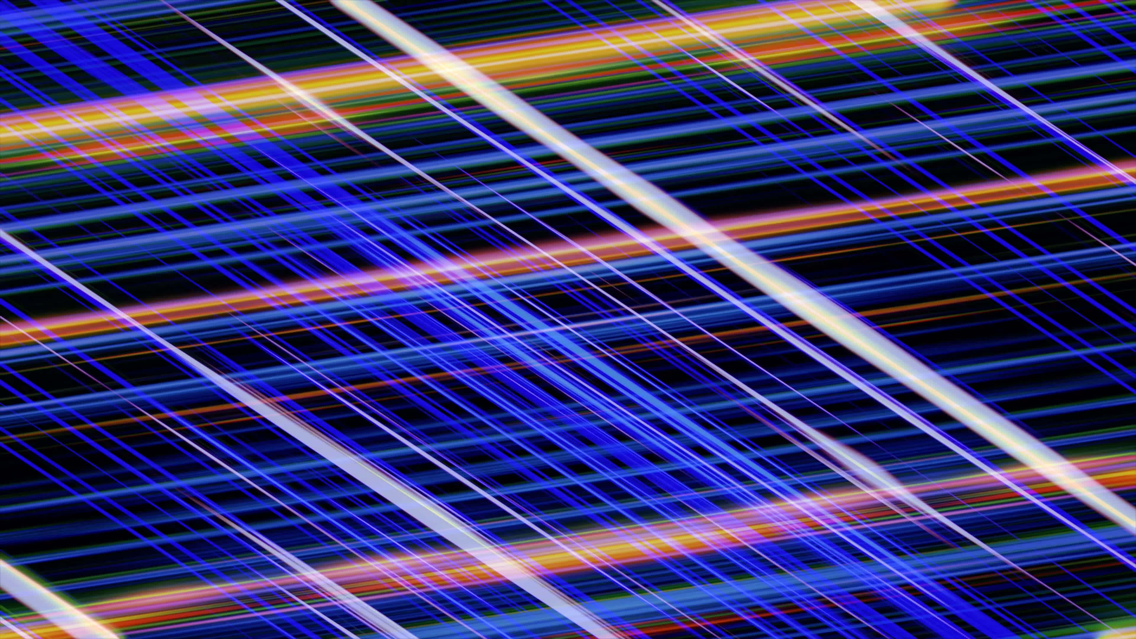 Abstract glowing parallel lines of purple and orange colors rotating on black background ...