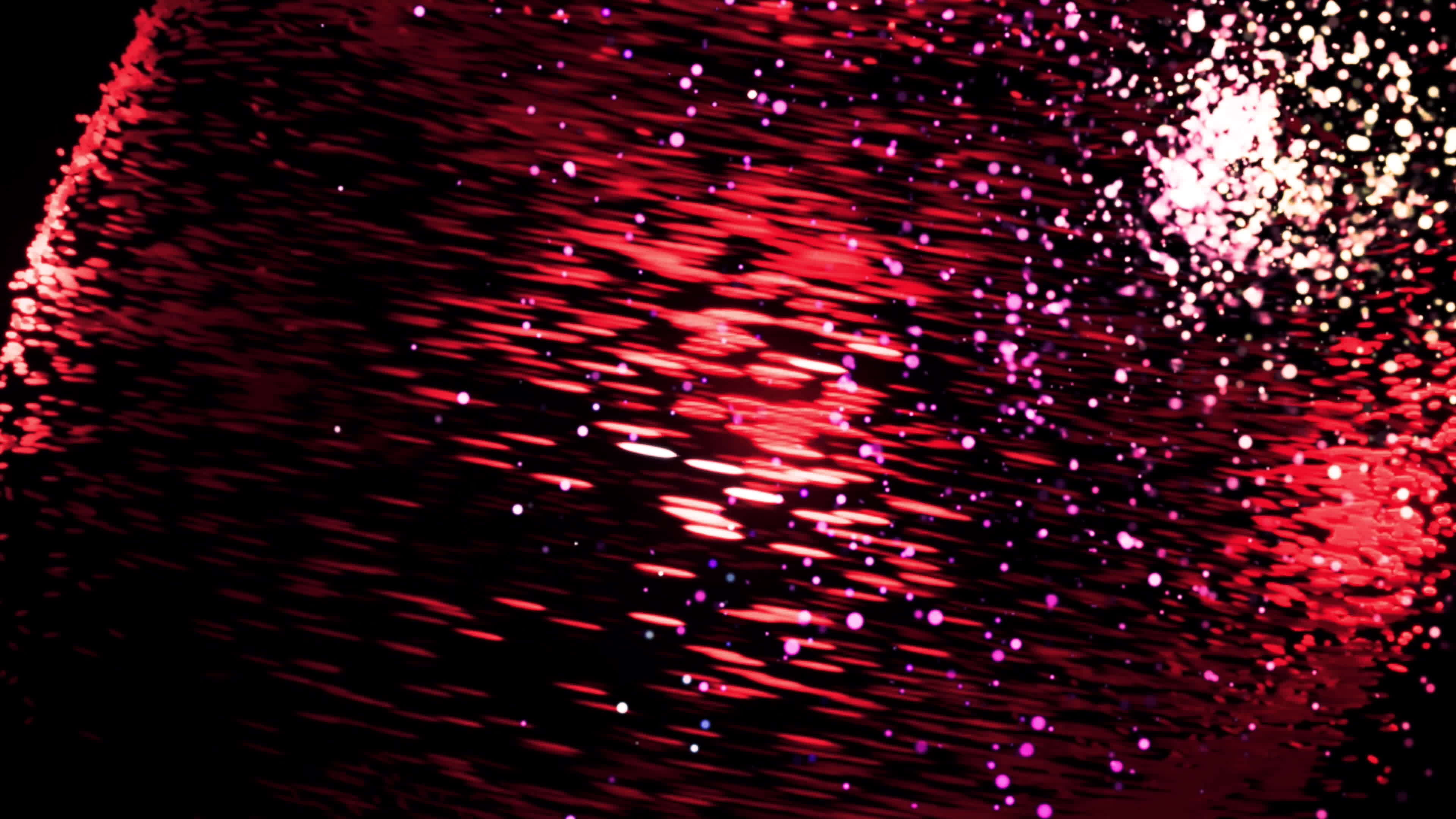 Abstract red purple particles flying on black background. Animation. Colorful cloud of space ...