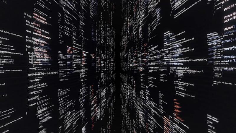 Source code walls on black background. Animation. Dive into cyberspace ...