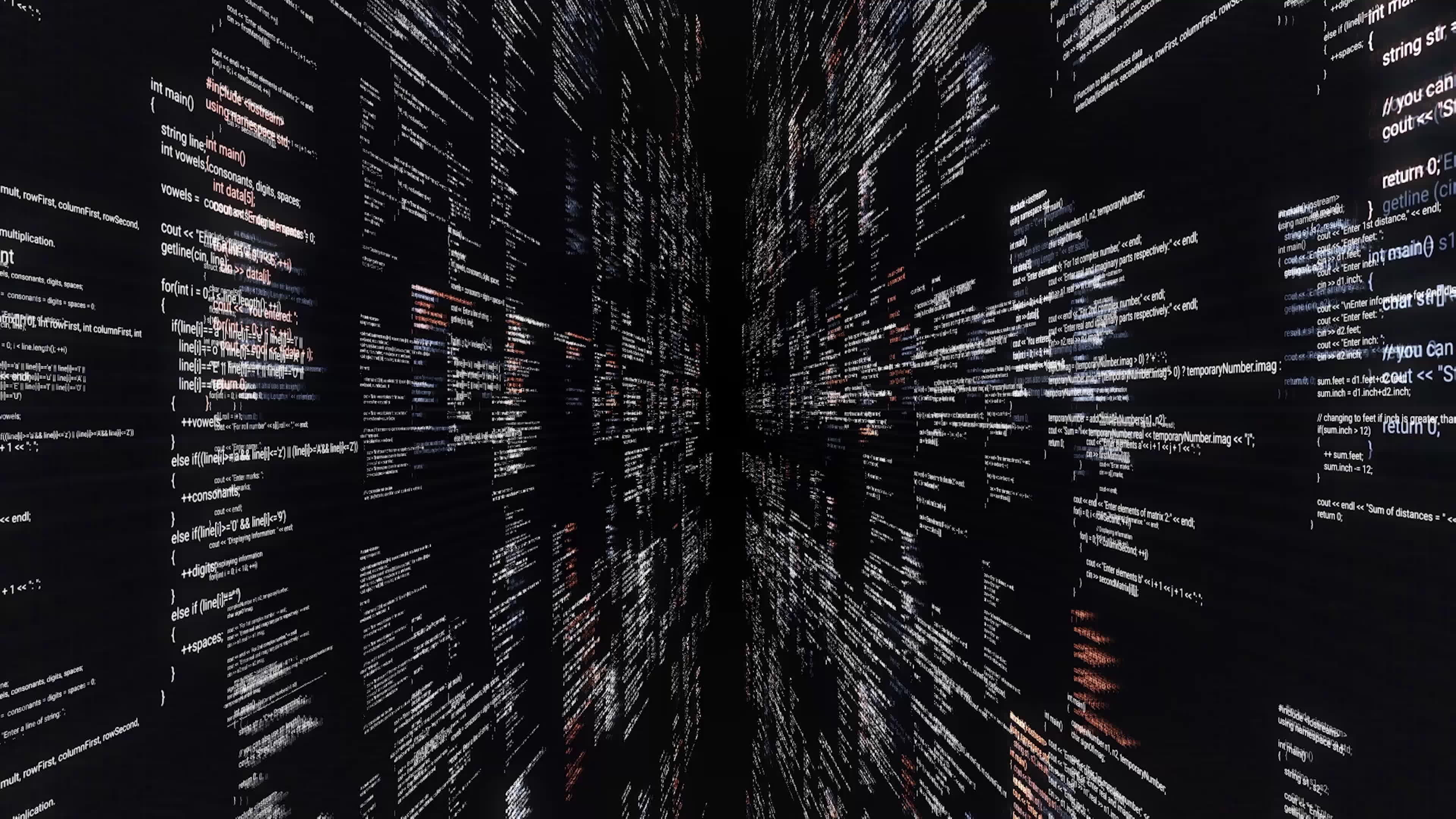 Source Code Walls On Black Background Animation Dive Into Cyberspace