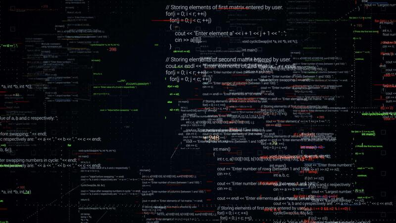 Abstract Computer Monitor With Moving Symbols Animation Green Linux Terminal Commands On Black