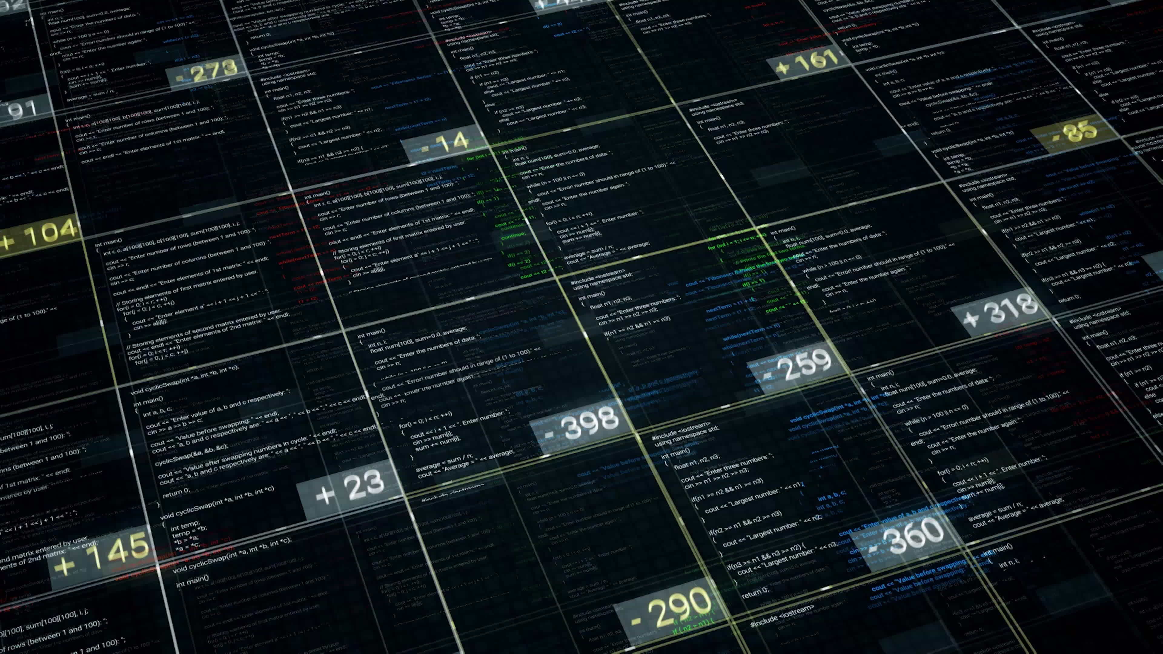 Computer codes in cells with numbers on black background. Animation. Lot of changing data in ...