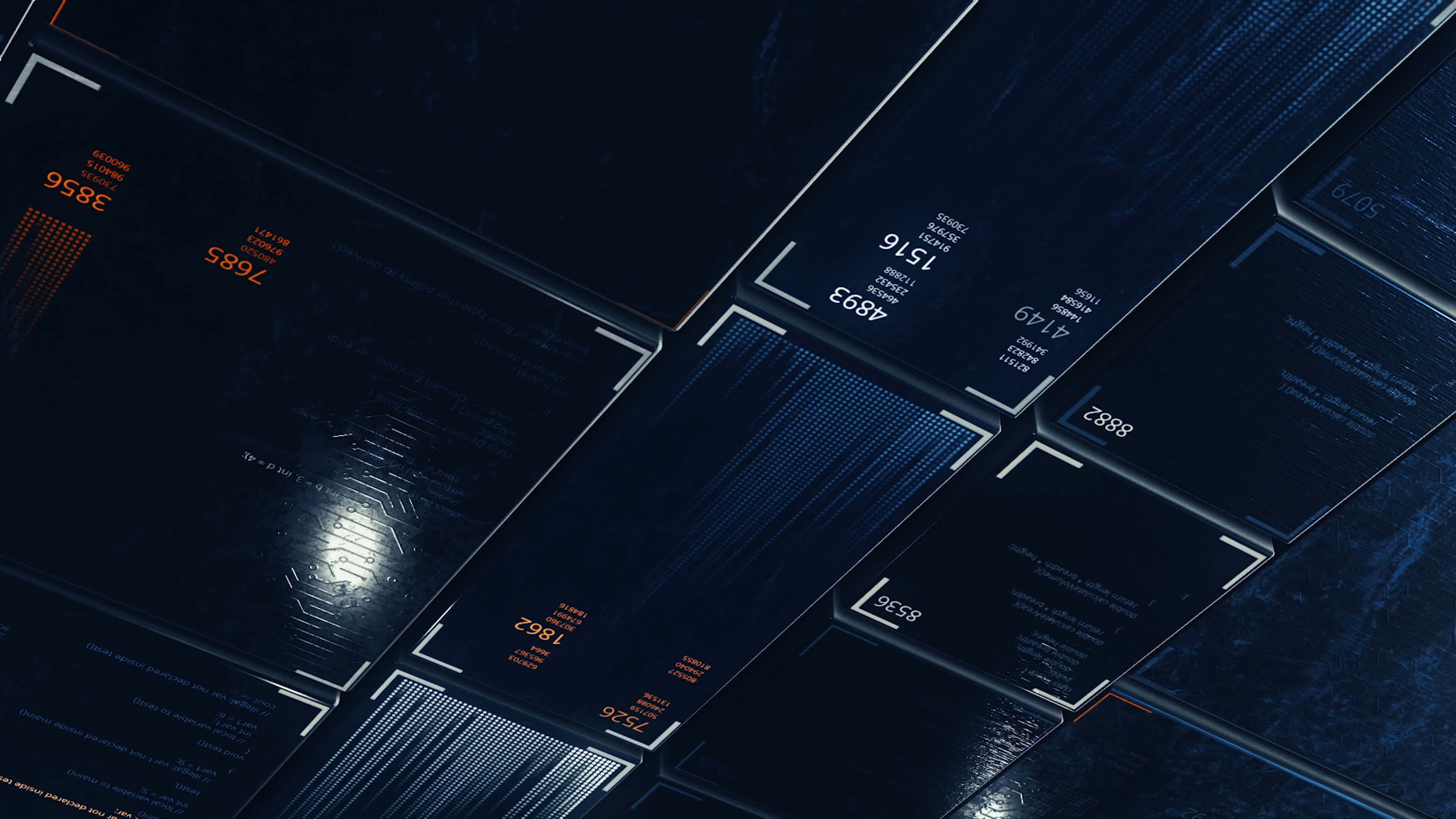 Blocks of program code flying in virtual space divided into different ...