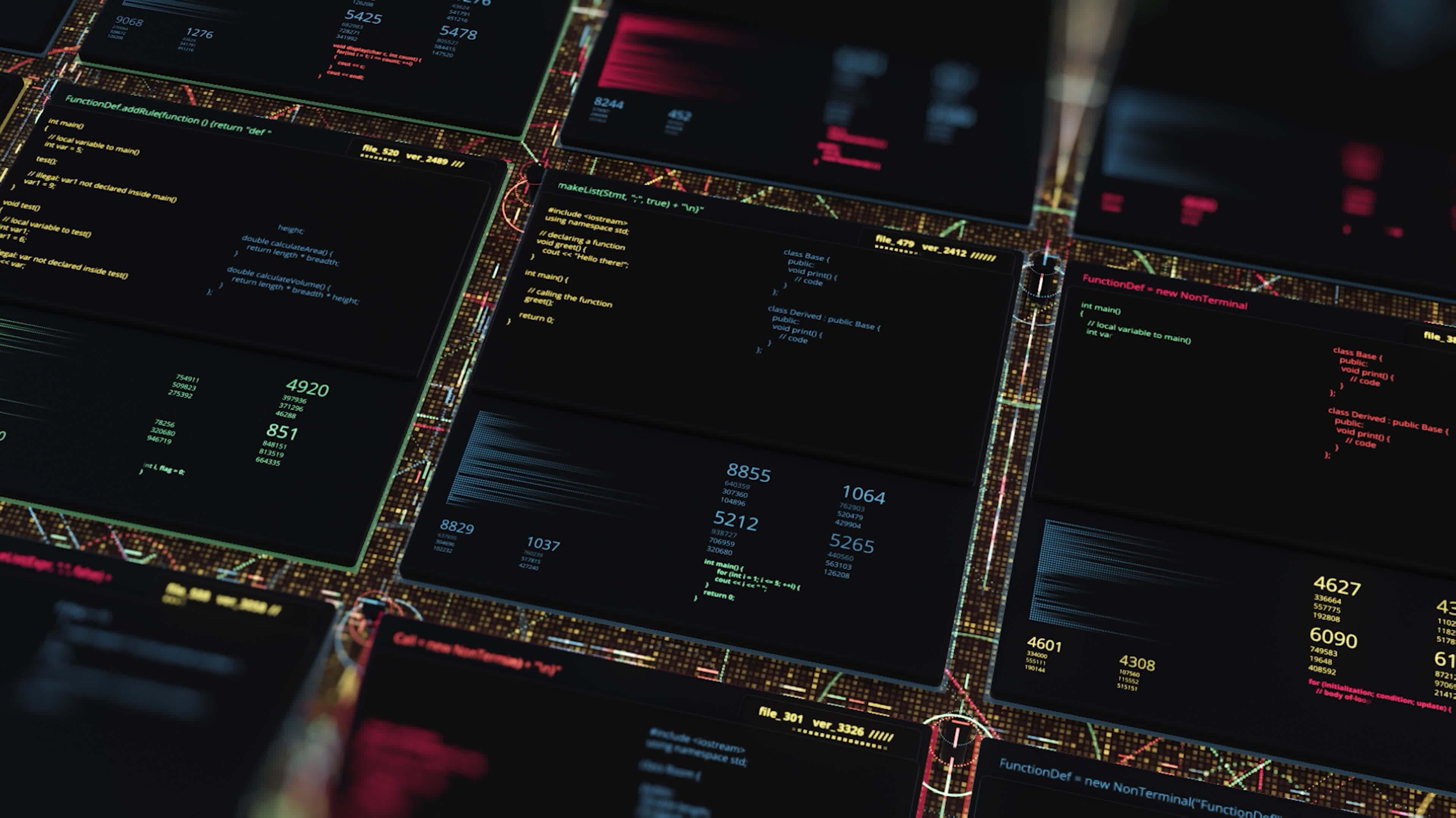 Technological background with flying mosaic with glowing changing data ...