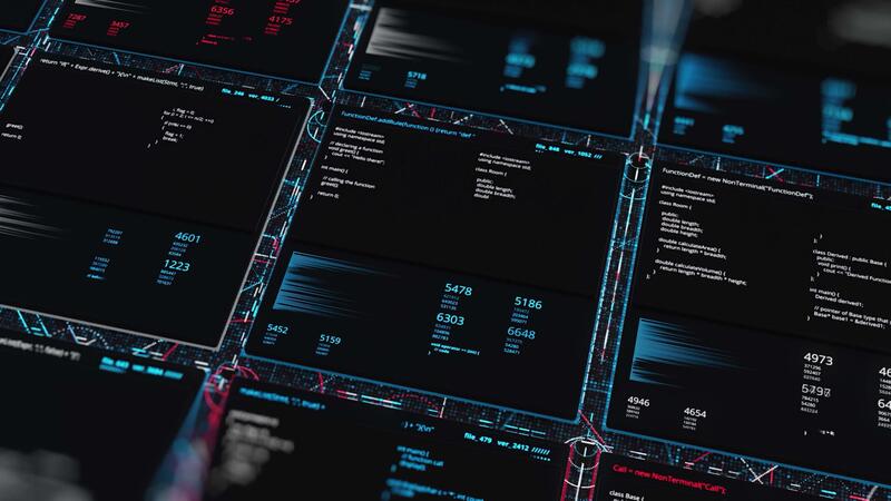 Technological background with flying mosaic with glowing changing data ...