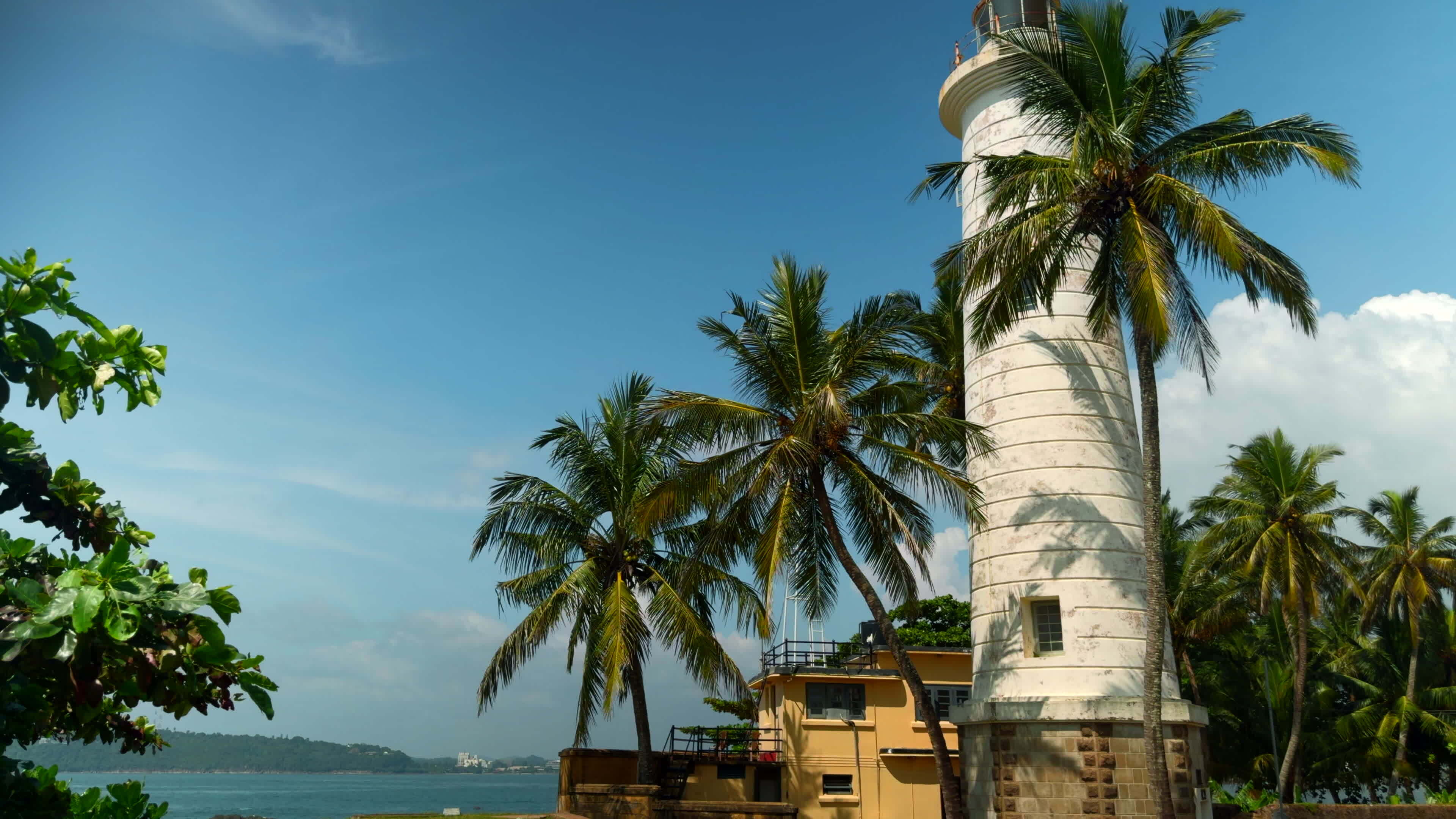Beautiful lighthouse with palm trees on shore of tropical bay. Action ...