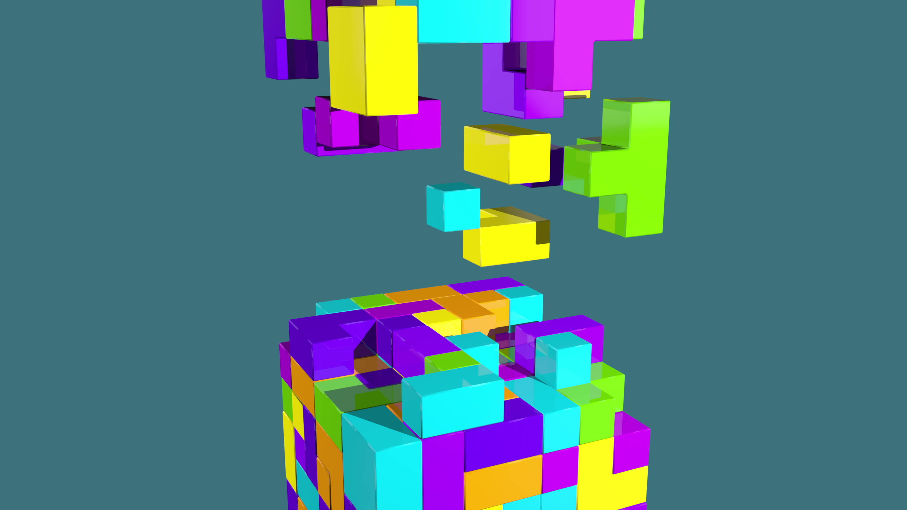 Endlessly falling apart cube puzzle against dark green background. Loop sequence. 3D Animation ...