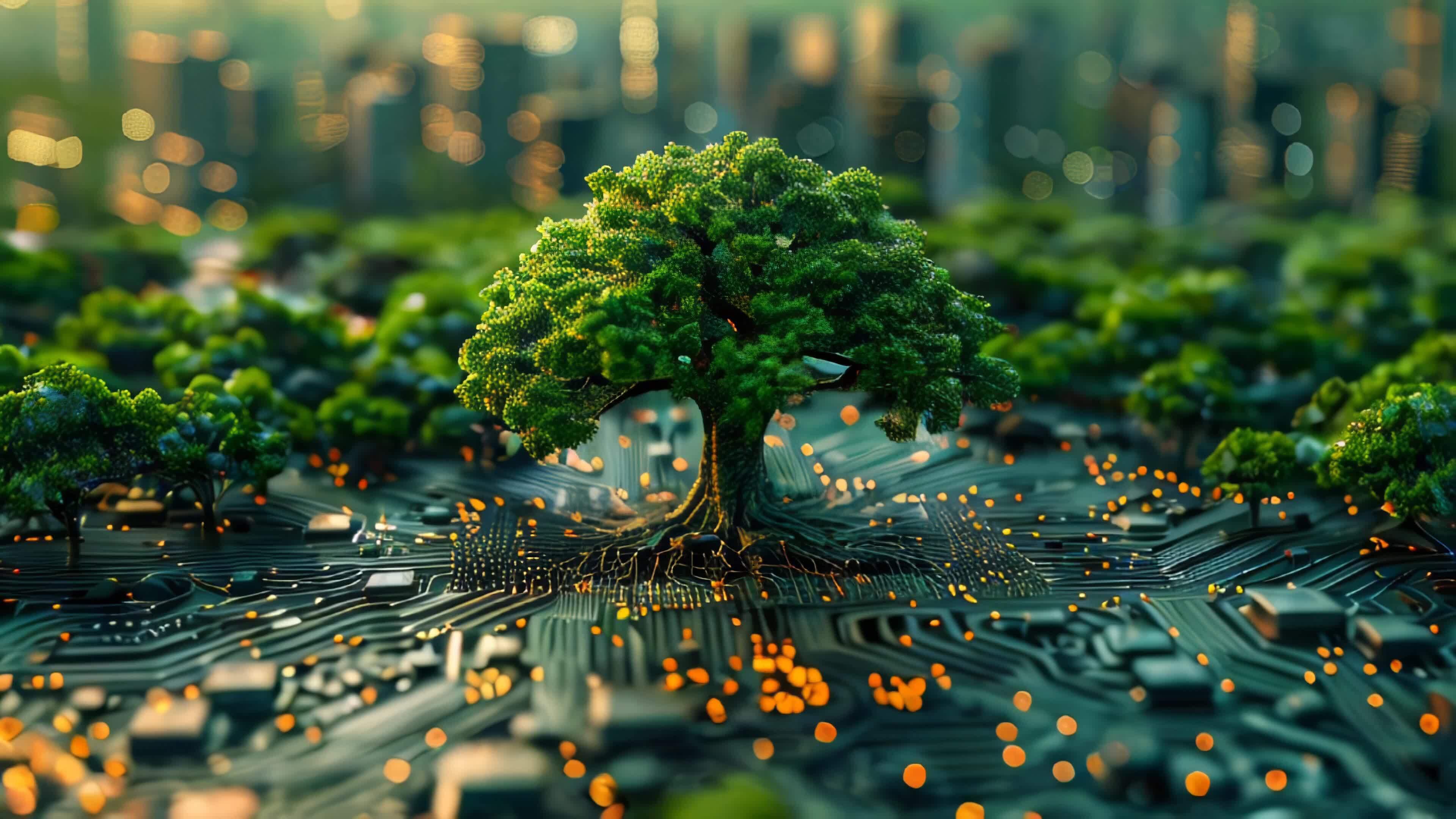 AI generated Green natural eco-friendly tree and computer technology on ...