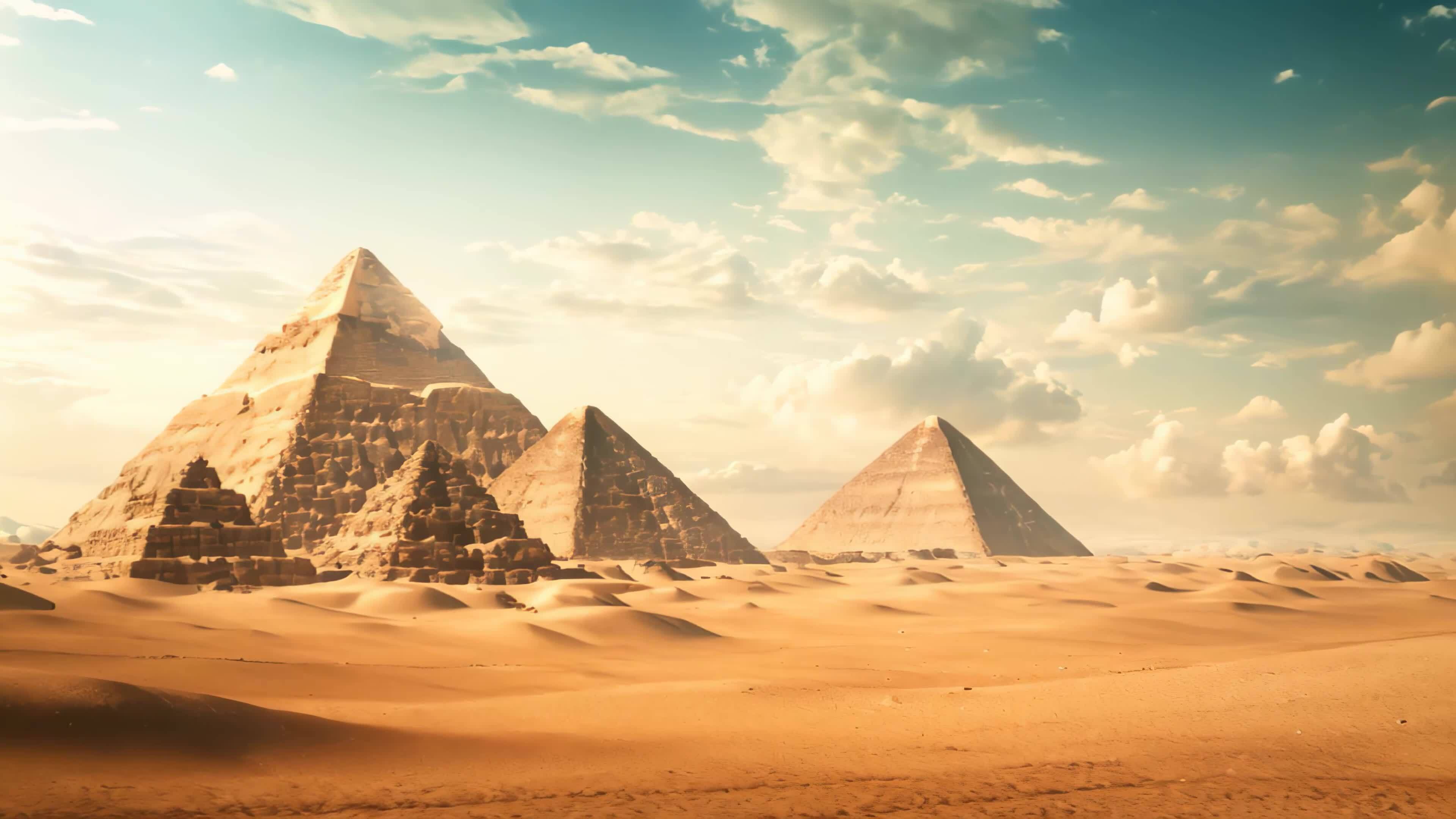 AI generated An Video featuring three pyramids standing majestically in the desert against a ...