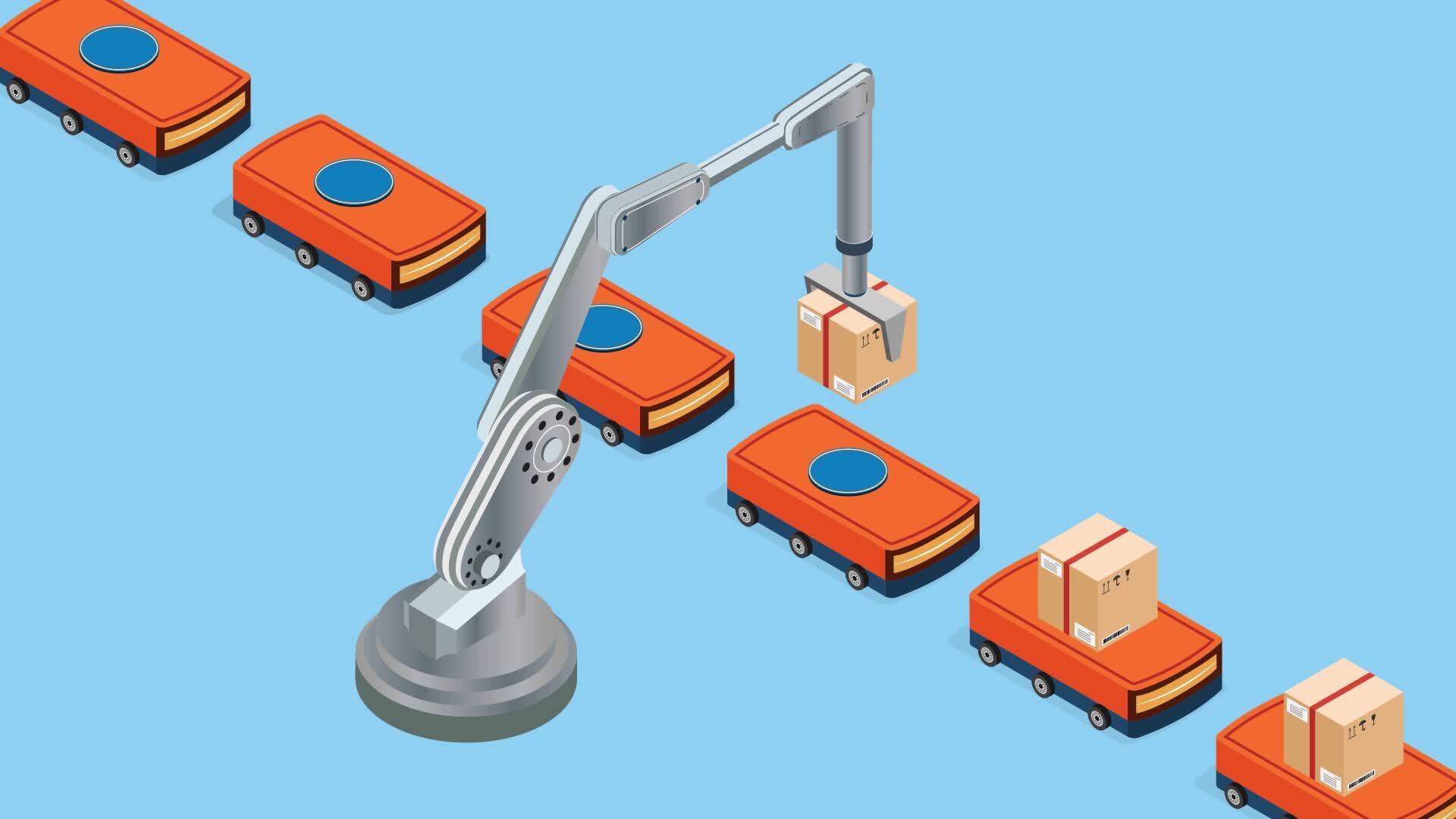 Automation Industry 40 Concept With Robot Arm And Cardboard Boxes On