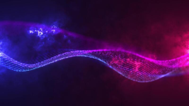 Abstract digital dynamic particle waves with light motion lights background, data flow, cyber ...