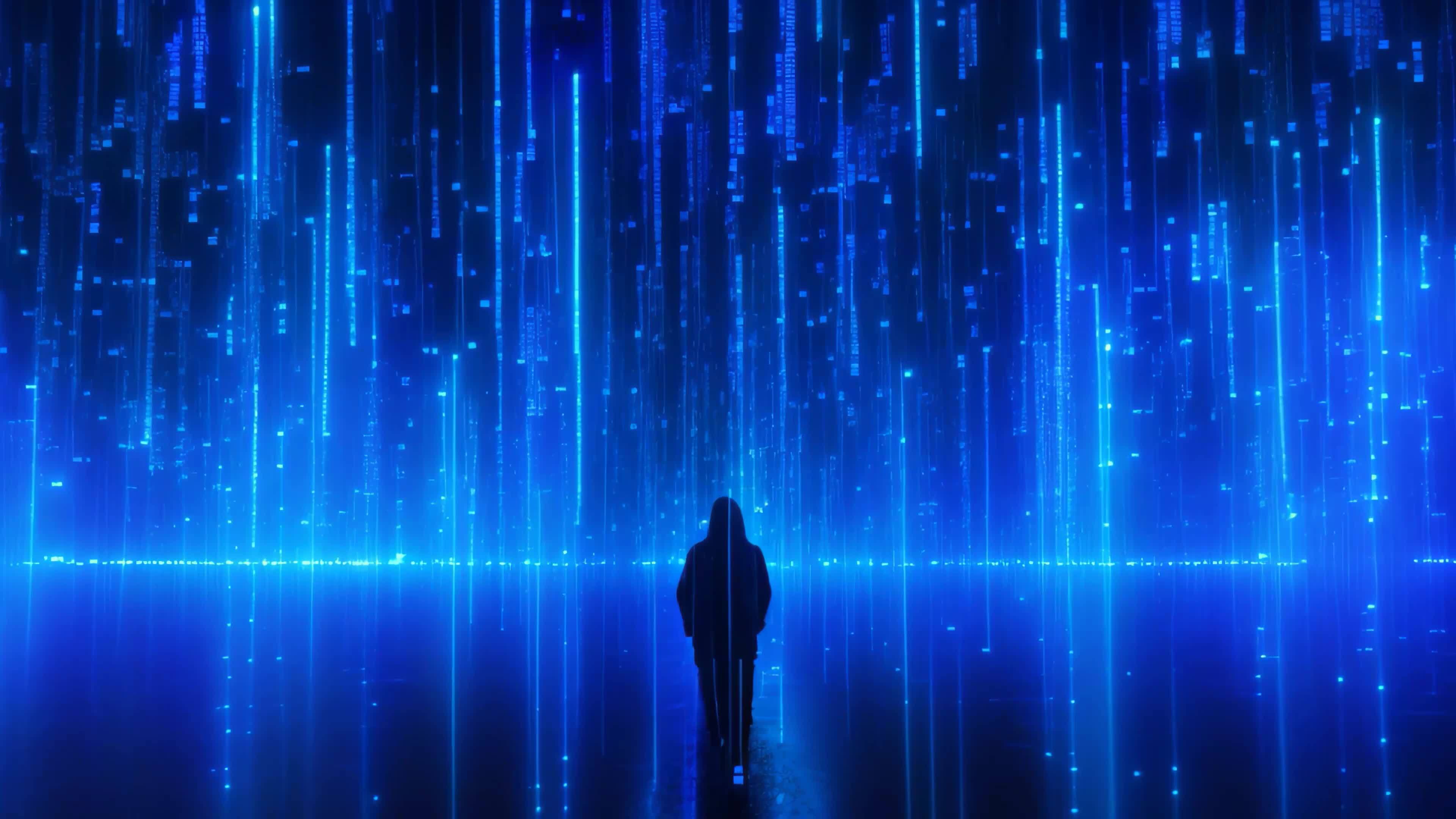 Ai Generated Man In Front Of A Binary Code On A Dark Blue Background Electric Blue Binary Code