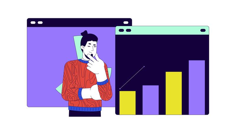 Web Data Analyst Line 2d Animation Statistician Caucasian Man 4k Video Motion Graphic Bar